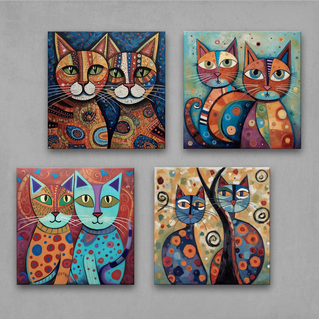 Colorful Abstract Cat Art Set of 4 – Whimsical Feline Paintings, Bold ...