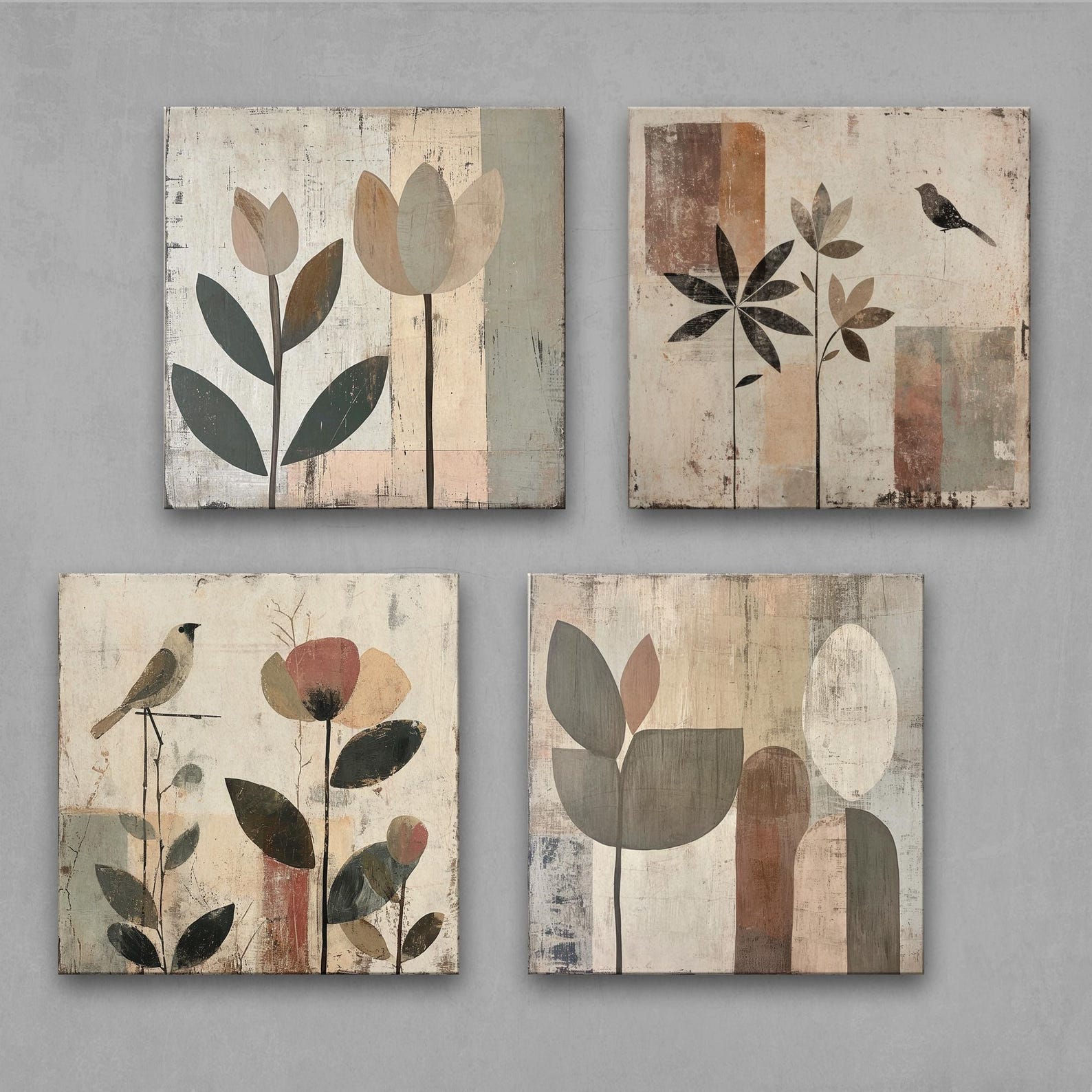Rustic Minimalist Botanical Wall Art Set of 4 Neutral Flower and Bird ...