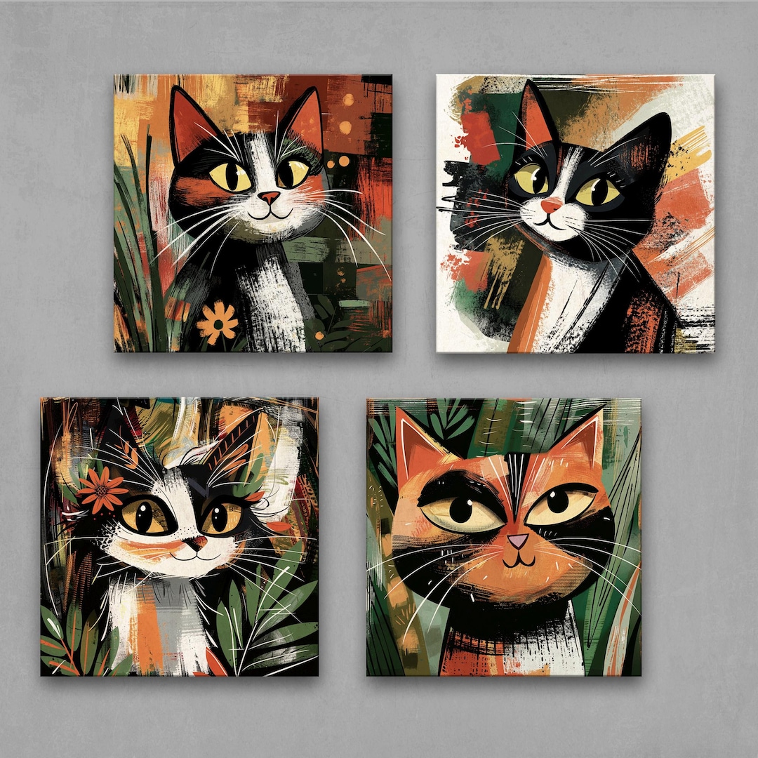 Whimsical Cat Canvas Wall Art Set of 4 - Abstract Feline Portraits With ...