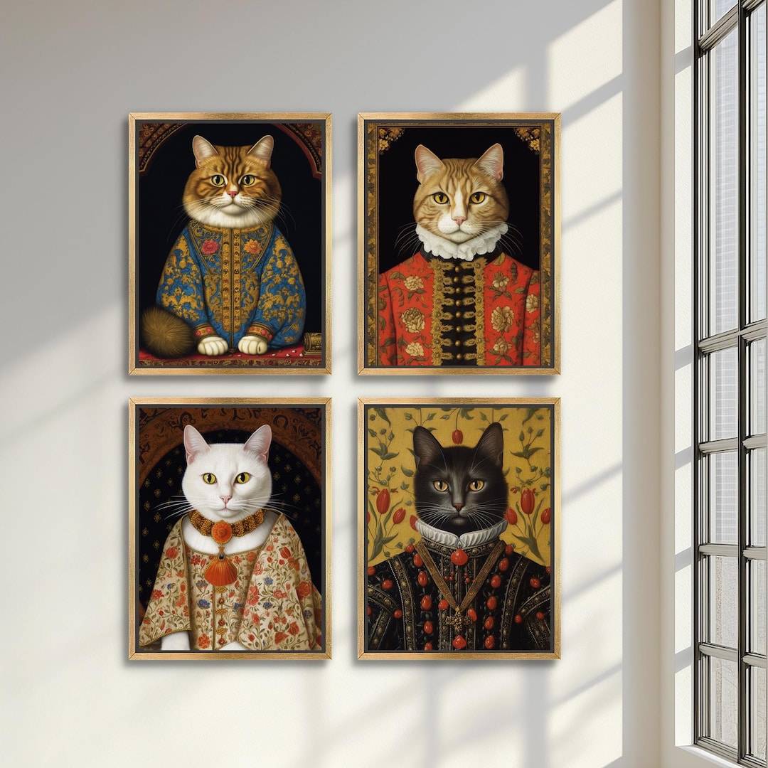 Renaissance Cat Wall Art Set | Noble Cats in Regal Attire | Vintage ...