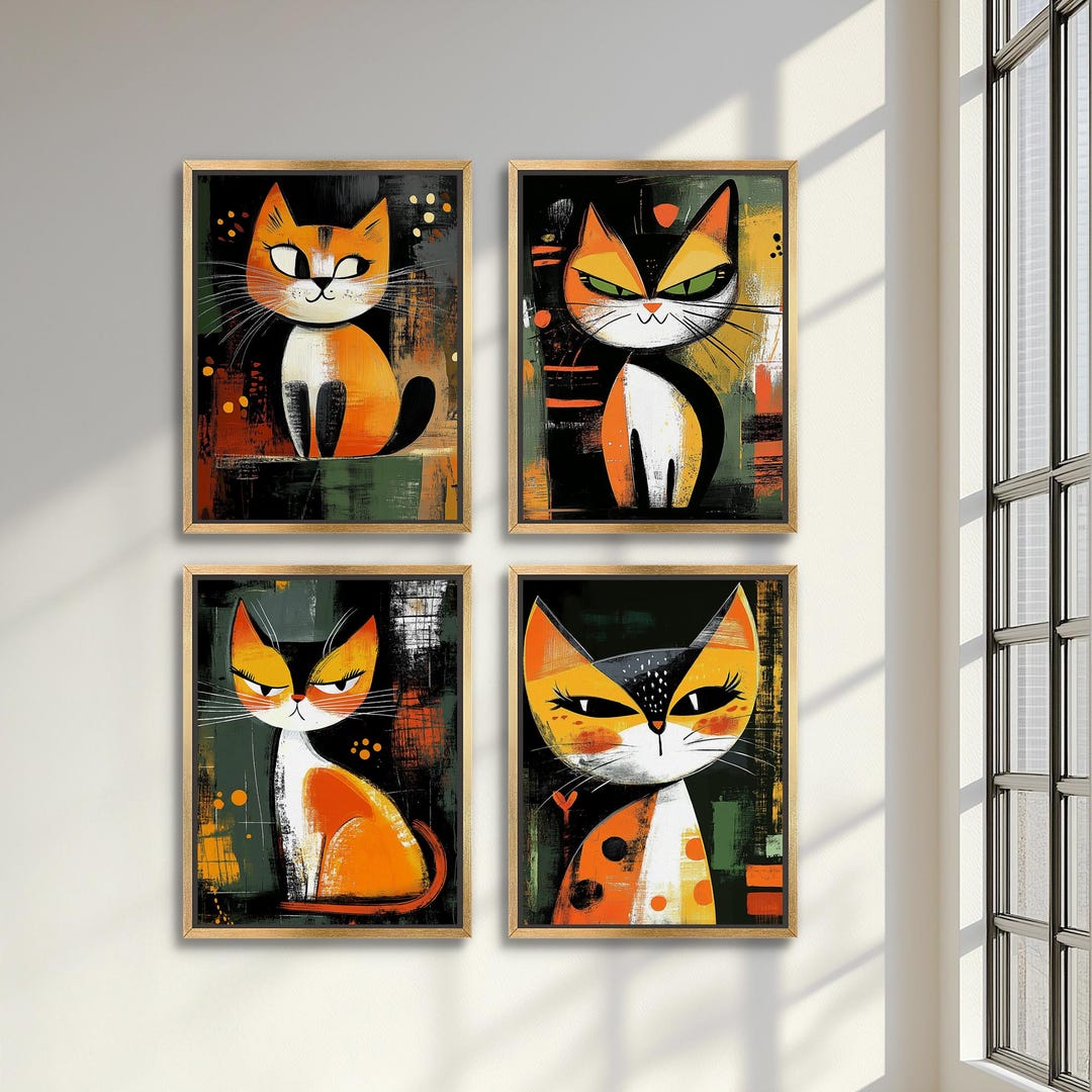 Sassy Calico Cat Art Prints Set of 4 – Bold Dopamine Wall Decor for ...