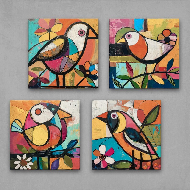 Abstract Bird Art Prints – Modern Cubist Style, Set of 4, 4XB467 - Etsy