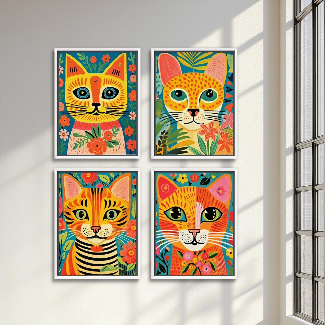 Colorful Cat Art Prints Set of 4 – Whimsical Feline Wall Art for Boho ...