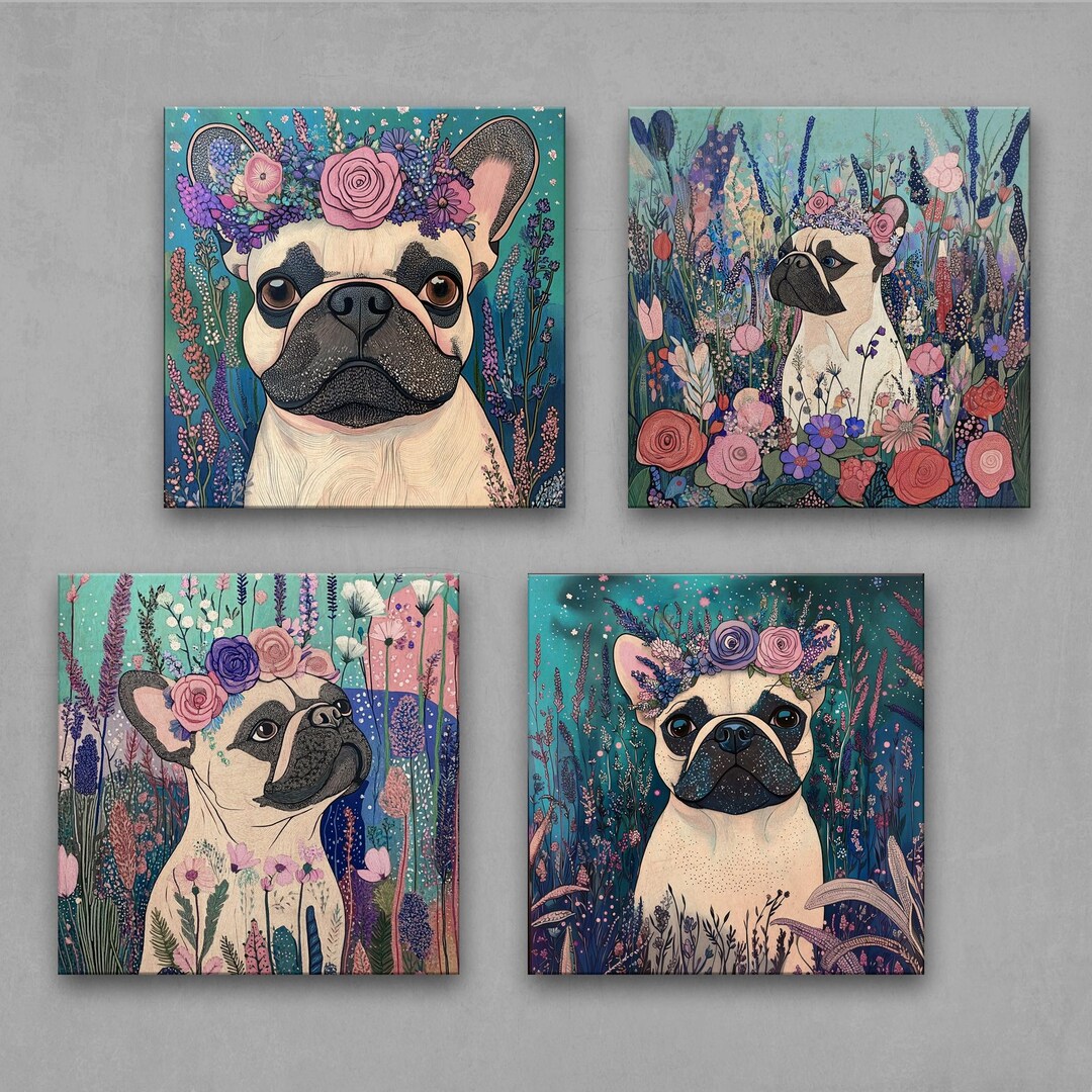 Boho French Bulldog Art Prints Floral Dog Wall Art, Whimsical Pet Decor ...