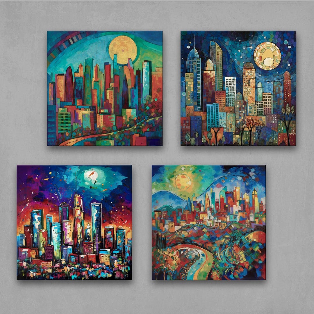 Colorful Cityscape Art Set – Vibrant Urban Skyline Prints, Set of 4 ...