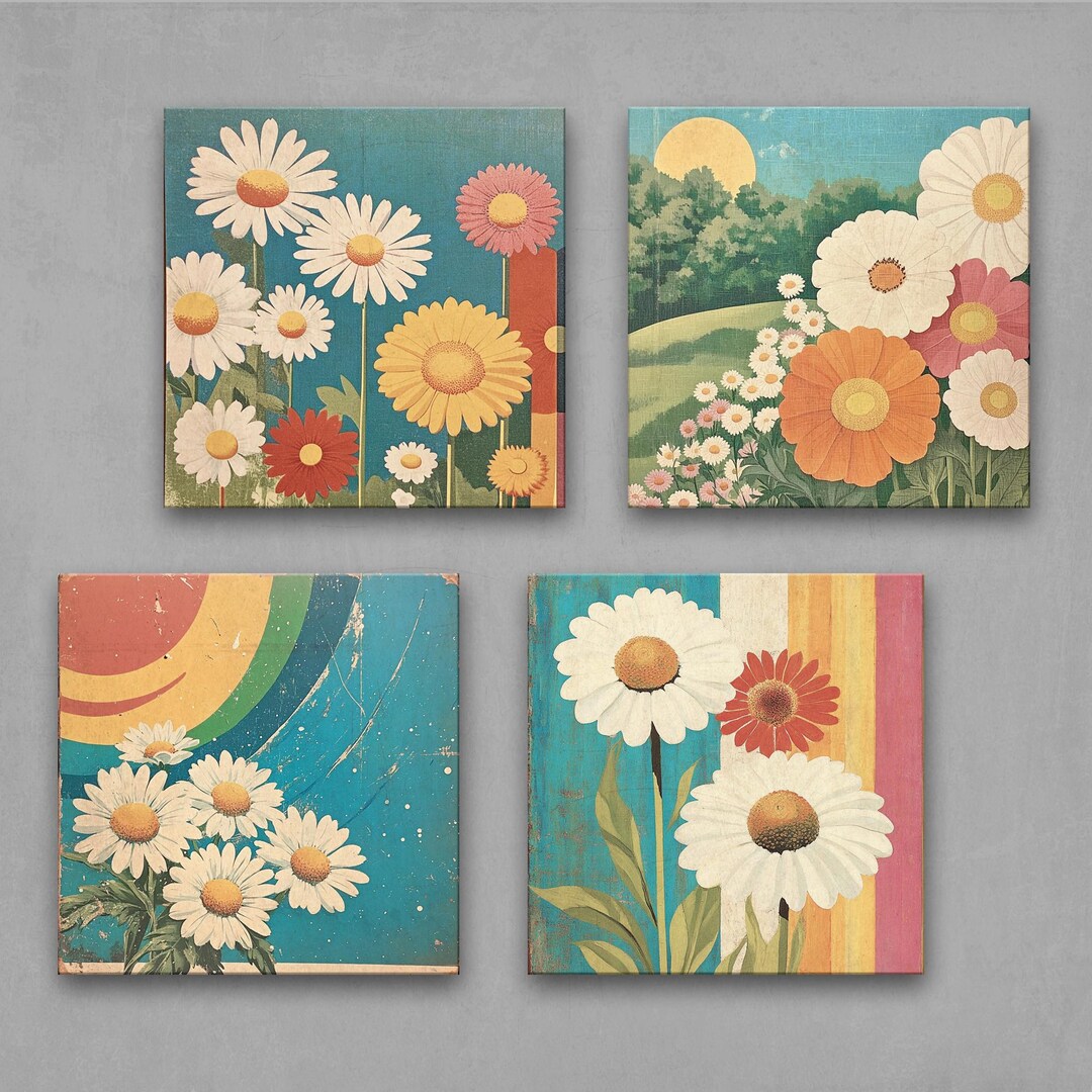 Set of 4 Prints - Retro Daisy Wall Art – Vintage Floral Prints, 70s ...