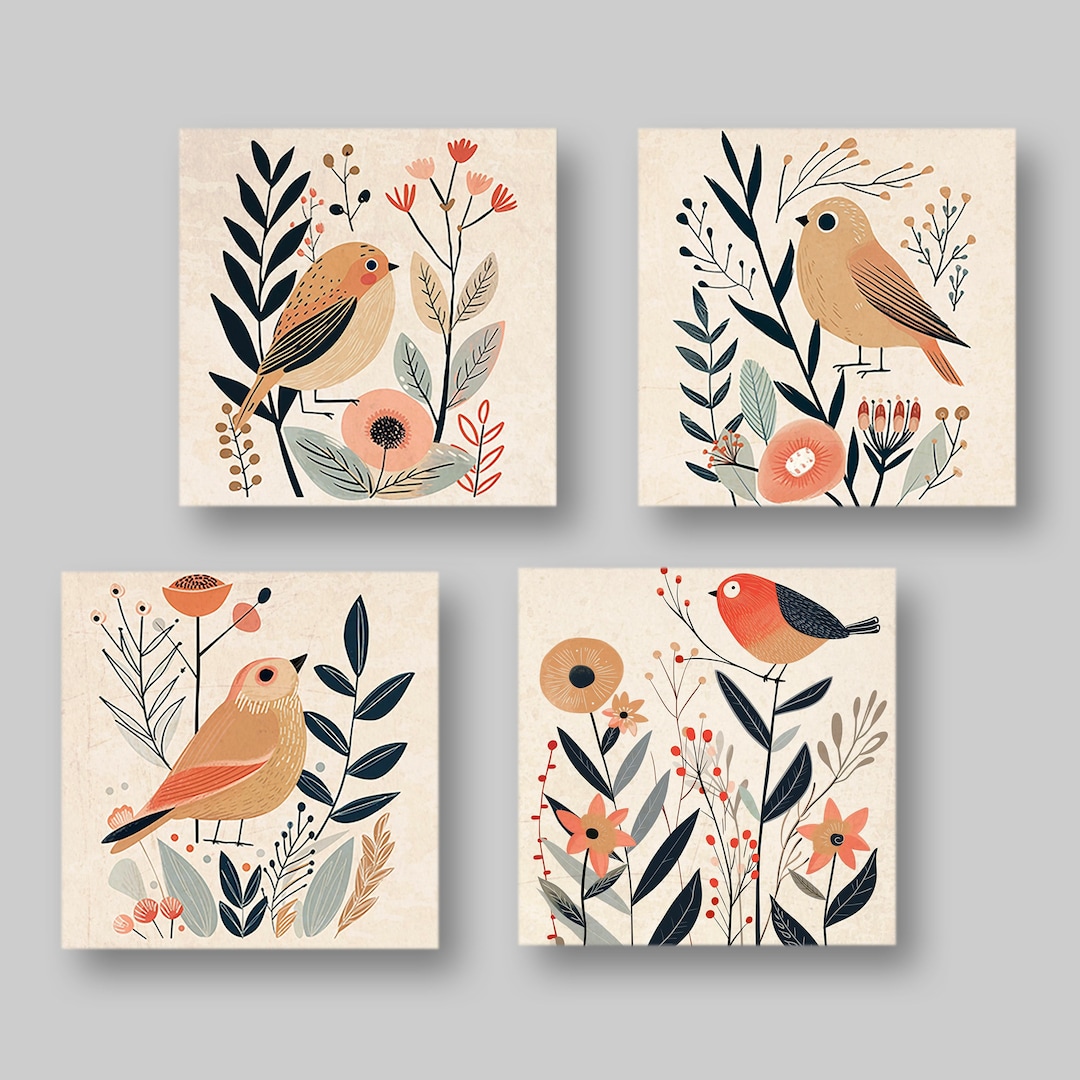 Boho Mid Century Folk Art, Birds Floral Theme, A Set of 4 Canvas Giclee ...