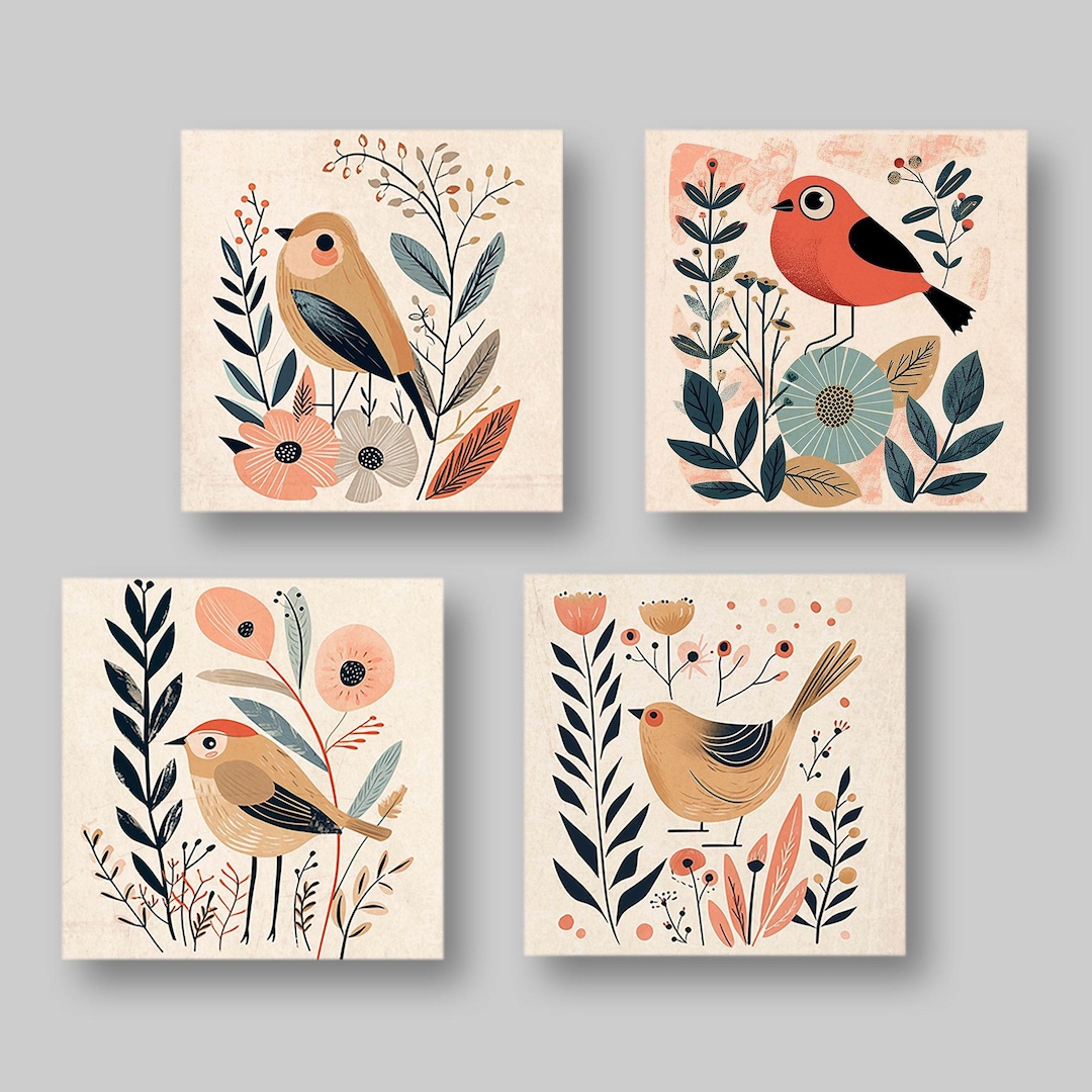 Boho Mid Century Folk Art, Birds Floral Theme, a Set of 4 Canvas or ...