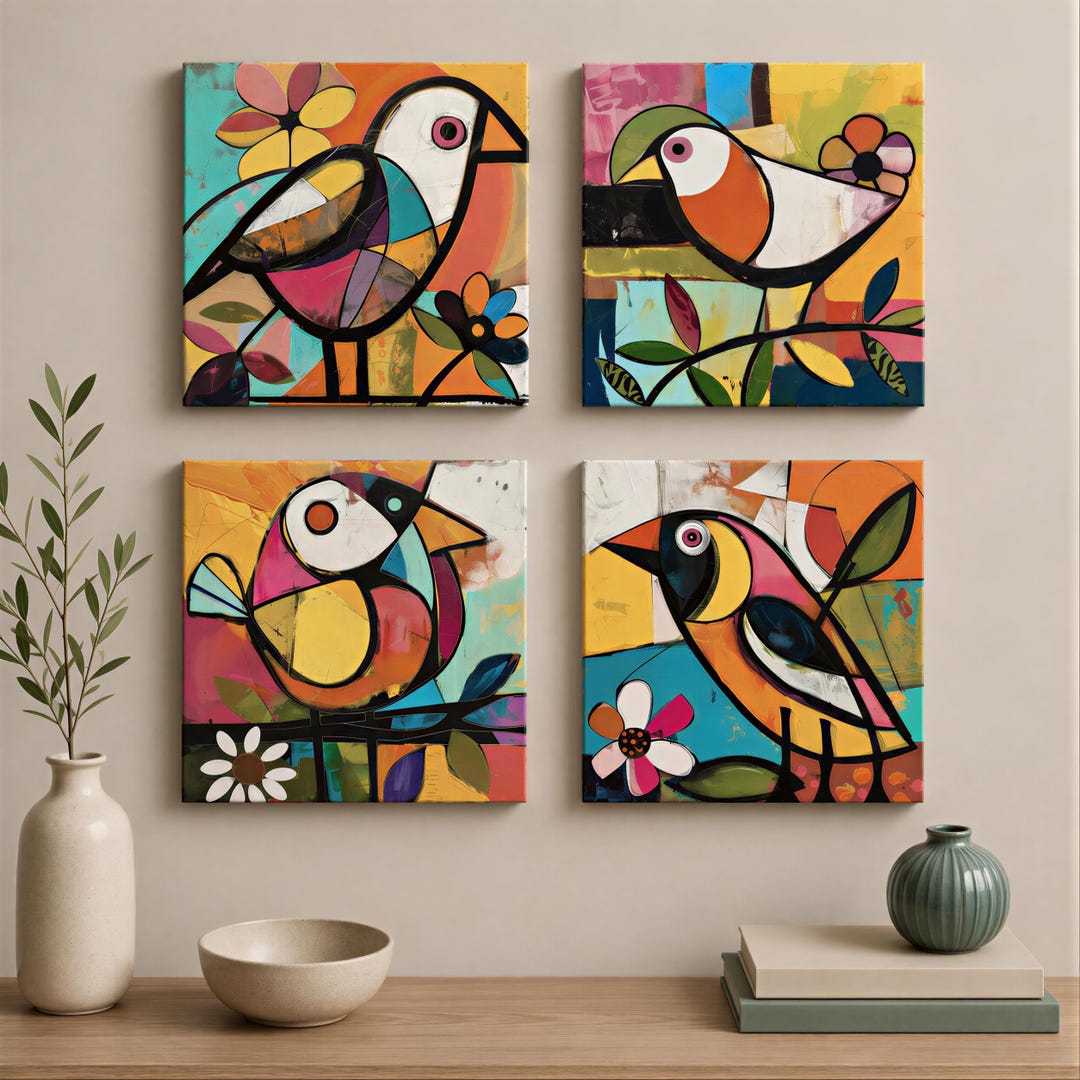 Abstract Bird Art Prints – Modern Cubist Style, Set of 4, 4XB467 - Etsy