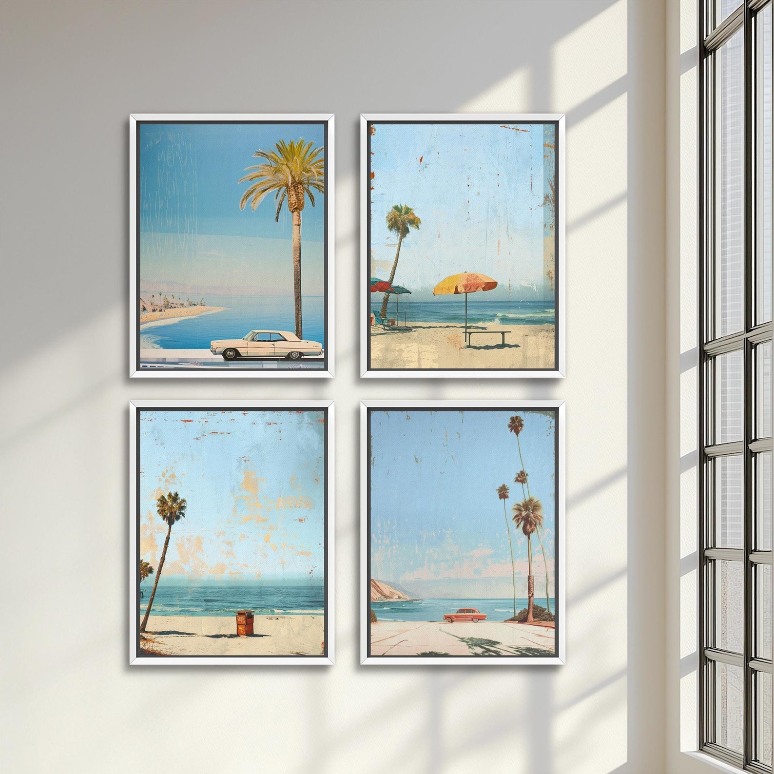 Retro Beach Wall Art Set of 4 | Vintage California Coast Prints | Mid ...