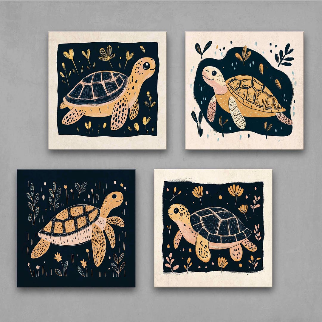 Turtle Wall Art Set of 4 | Boho Turtle Prints With Dark Background ...