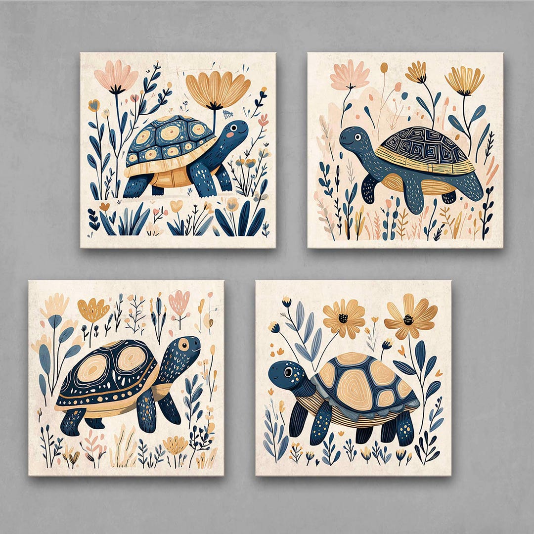 Set of 4 Boho Floral Turtle Prints Inspired Turtle Wall Art for Nursery ...