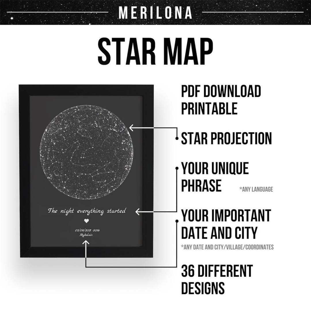 Personalized Star Map Printable, Unique Anniversary Gift for Her, Custom Constellation Map ...