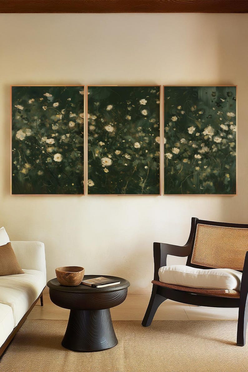 Dark Green Botanical Prints Set of 3, Abstract Floral Spring Art, Large ...