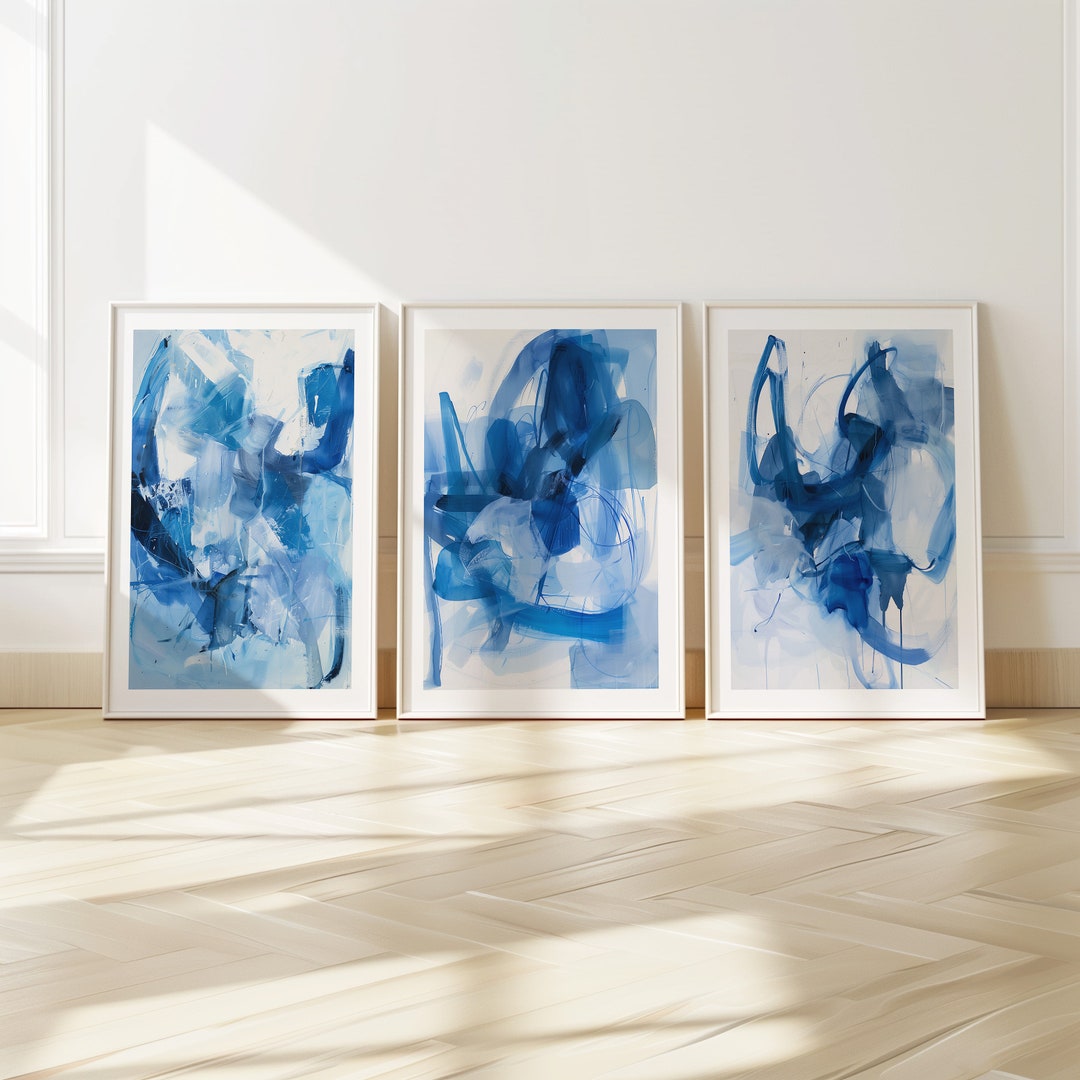 Abstract Blue Watercolor 3 Piece Wall Art, Set of Three Prints ...