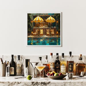 Poolside Bar Oil Painting Large Square Art Print, Luxurious Nightlife ...