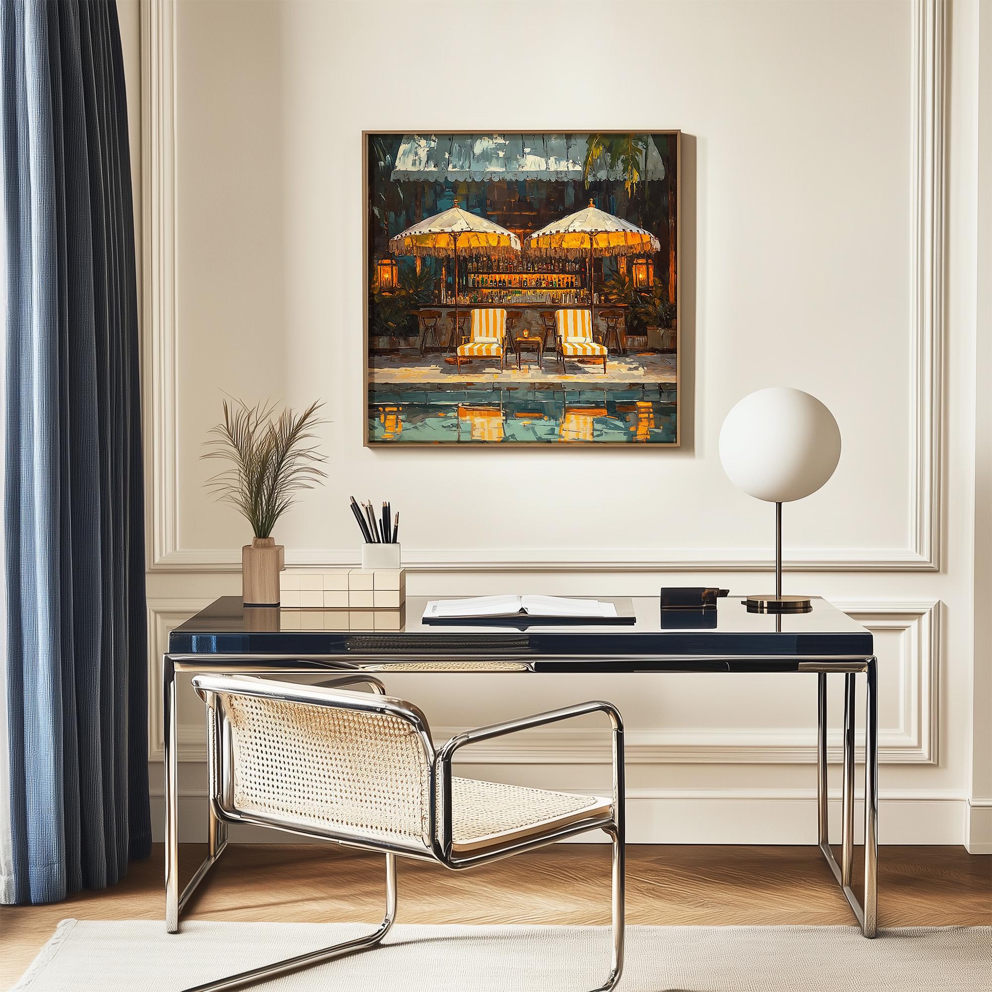 Poolside Bar Oil Painting Large Square Art Print, Luxurious Nightlife ...