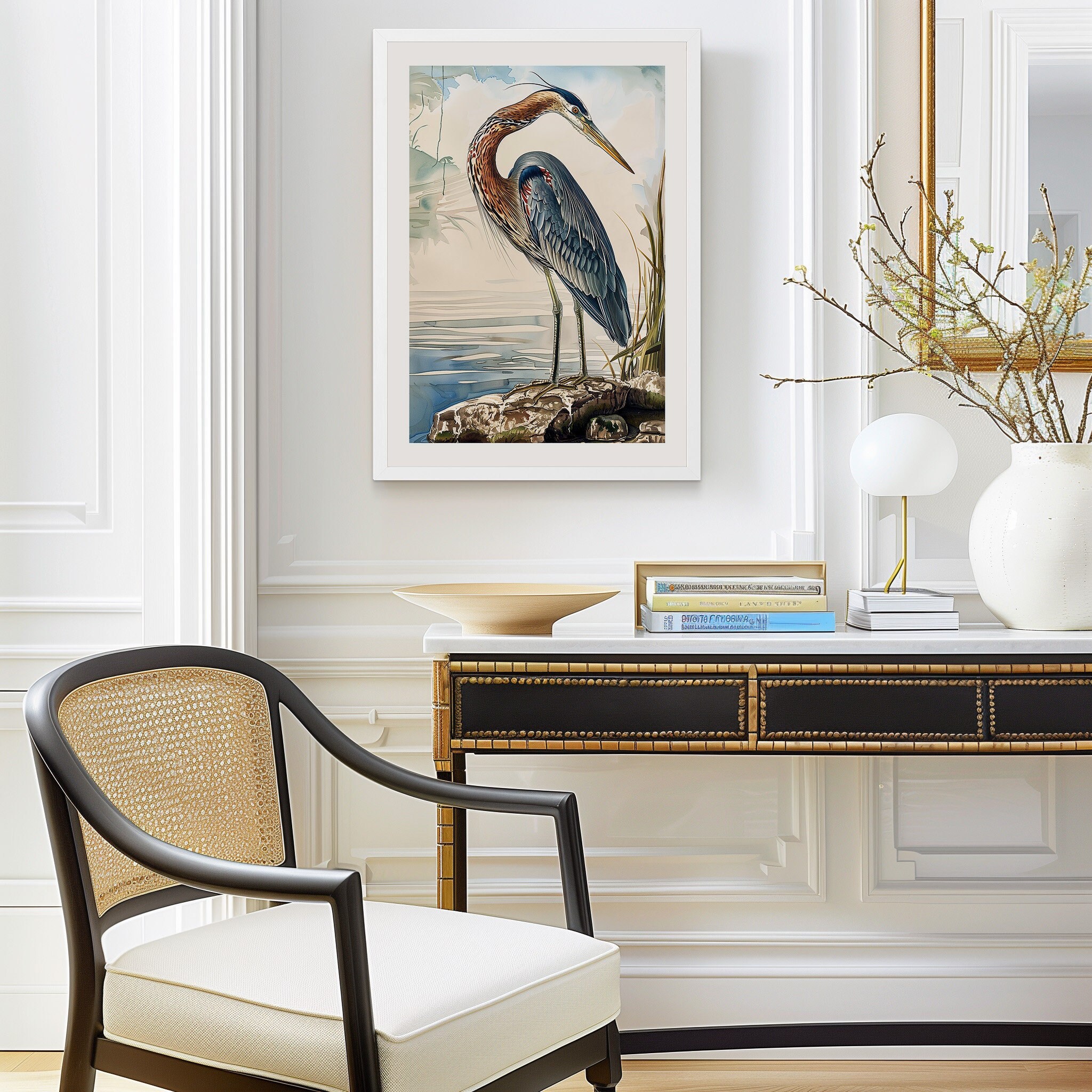 Vintage Heron Painting, Mid Century Modern Blue Heron Bird Art Print ...