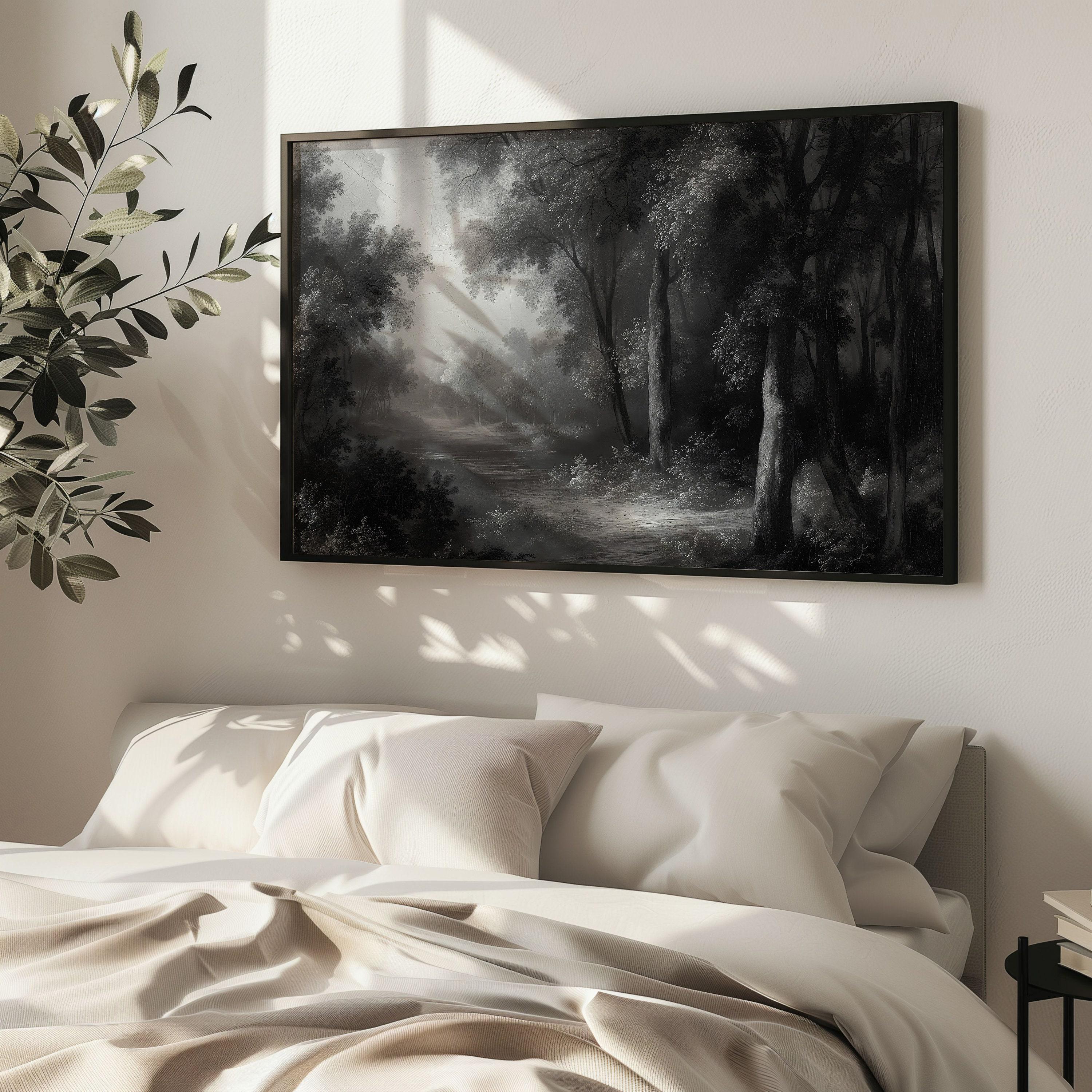 Vintage Monochromatic Forest Oil Painting Giclee Wall Art Print, Large ...