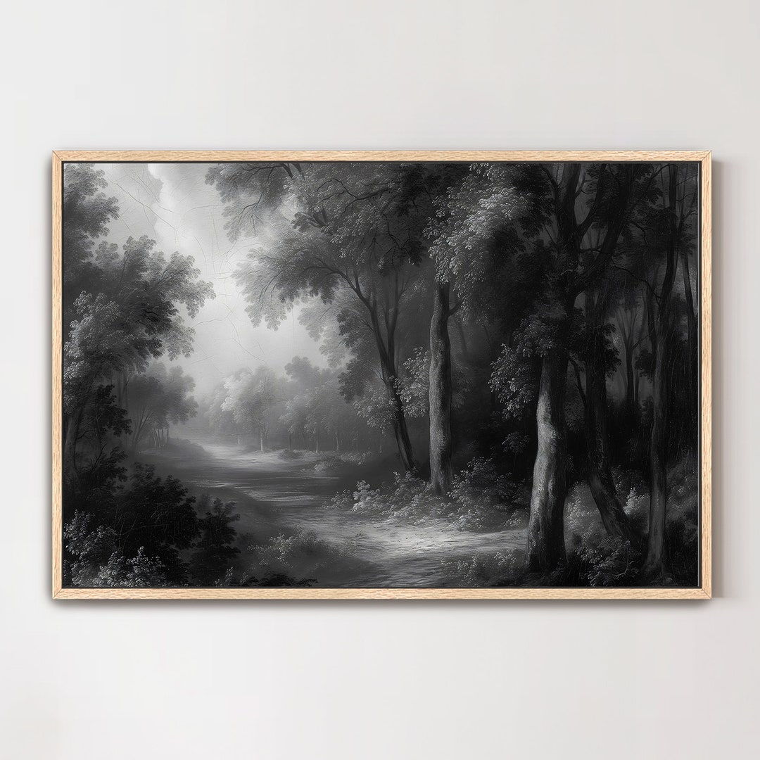 Vintage Monochromatic Forest Oil Painting Framed Canvas Wall Art Print ...