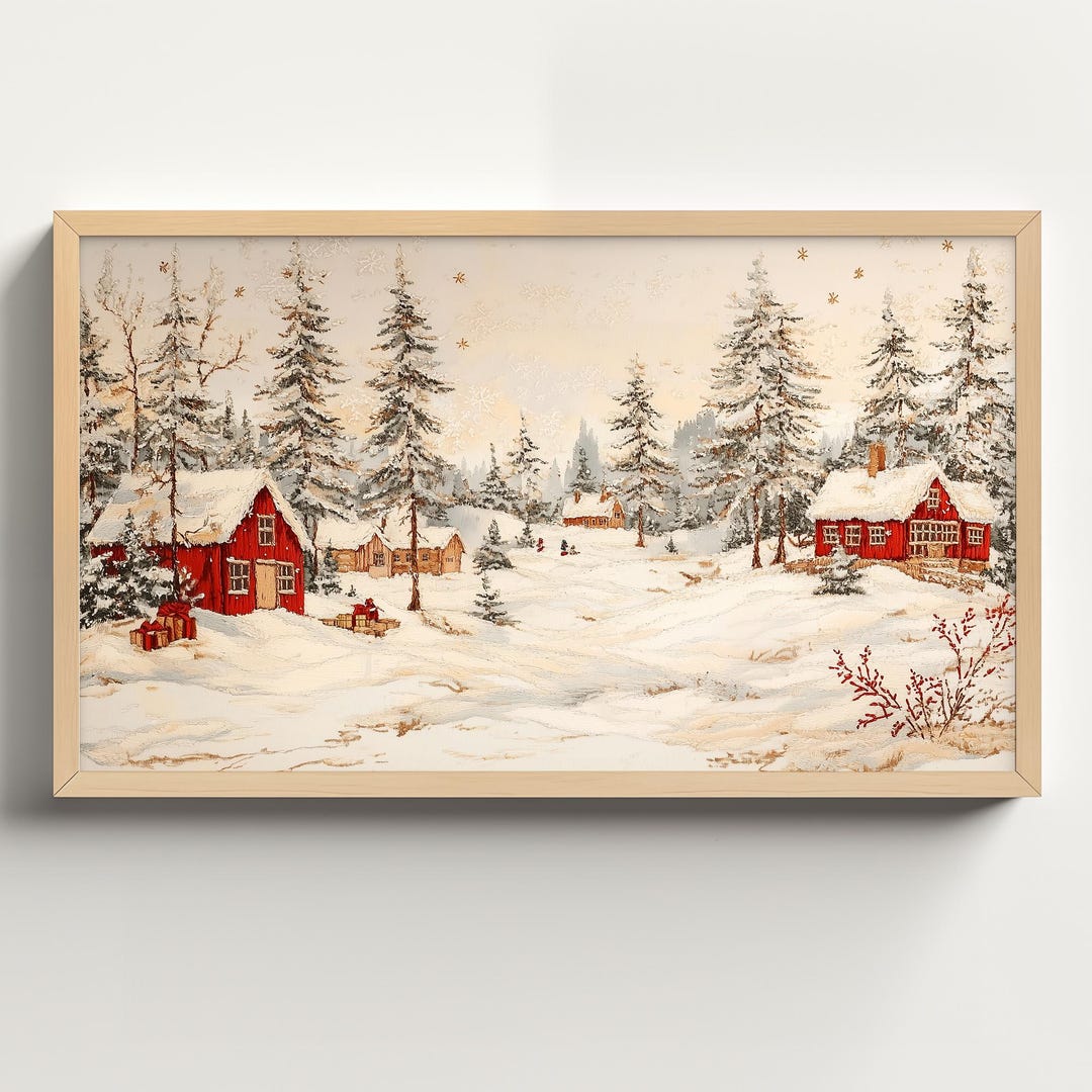 Red Farmhouse Christmas Frame TV Art, Rustic Xmas Tree Forest, Winter ...