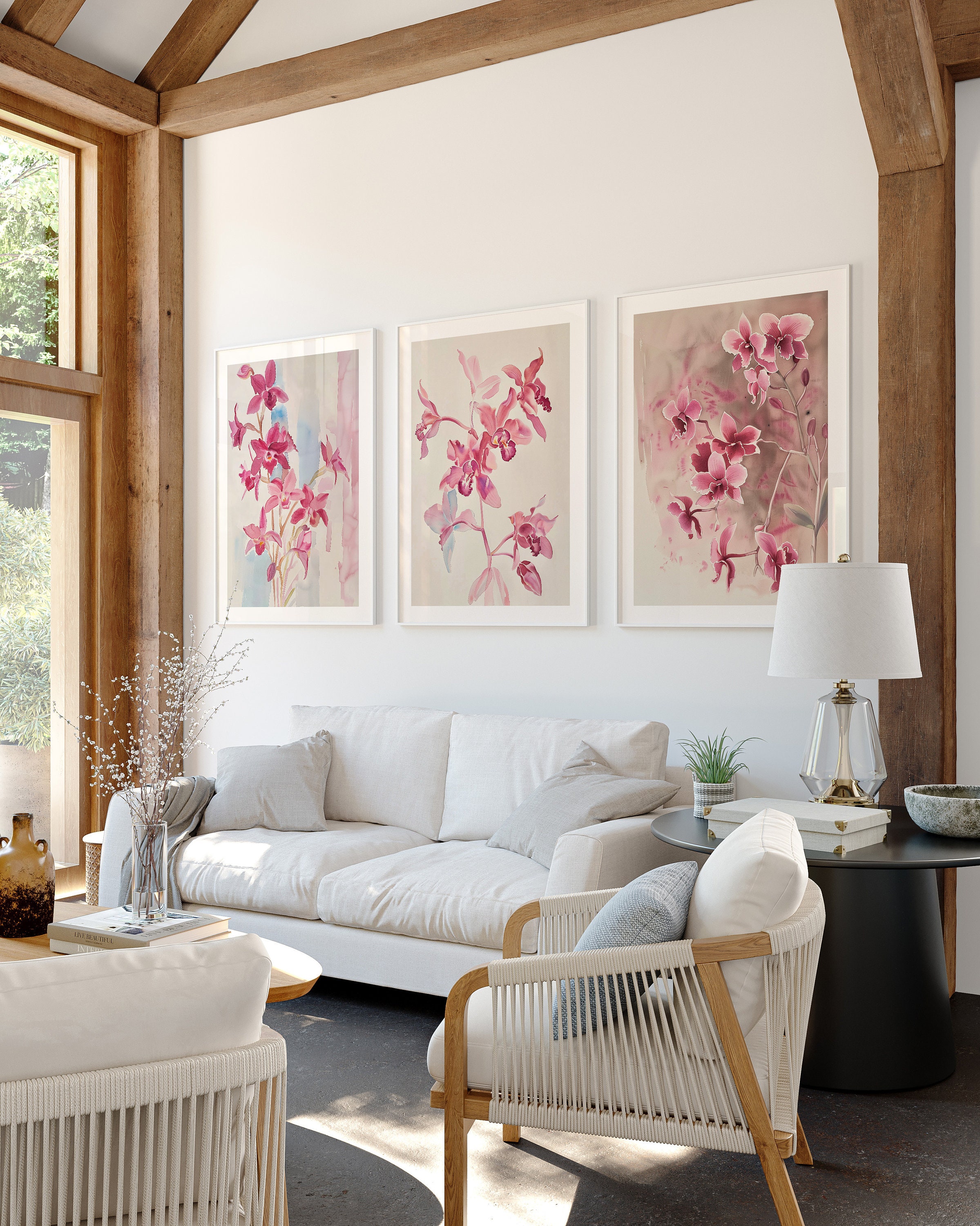 Antique Watercolor Pink Floral Painting Set of 3 Prints, Large Vintage ...