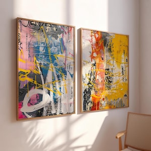 Yellow Graffiti Painting Modern Abstract Wall Art Set of 2 Prints ...