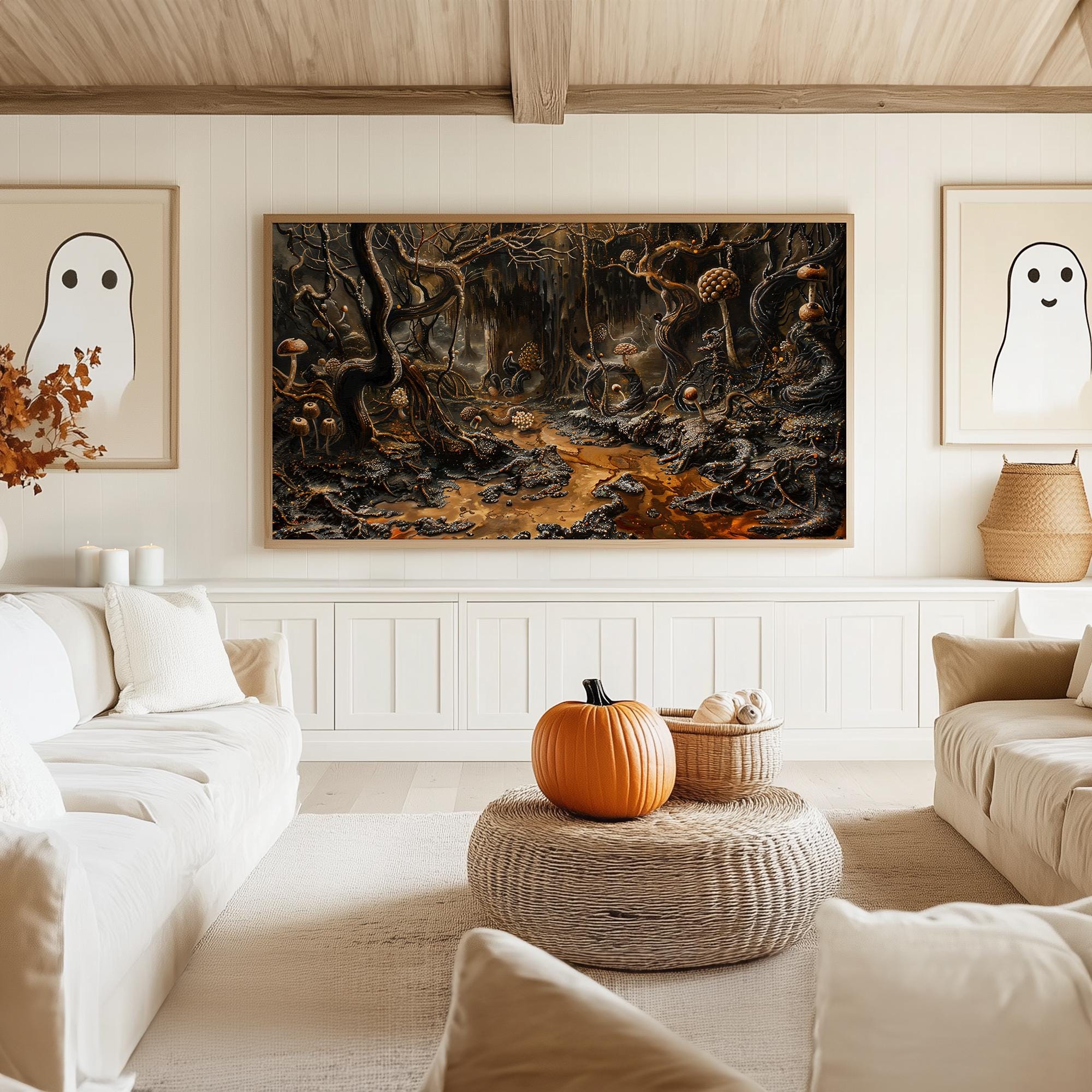 Halloween Horror Frame TV Art, Black Mushroom Haunted Forest Painting ...