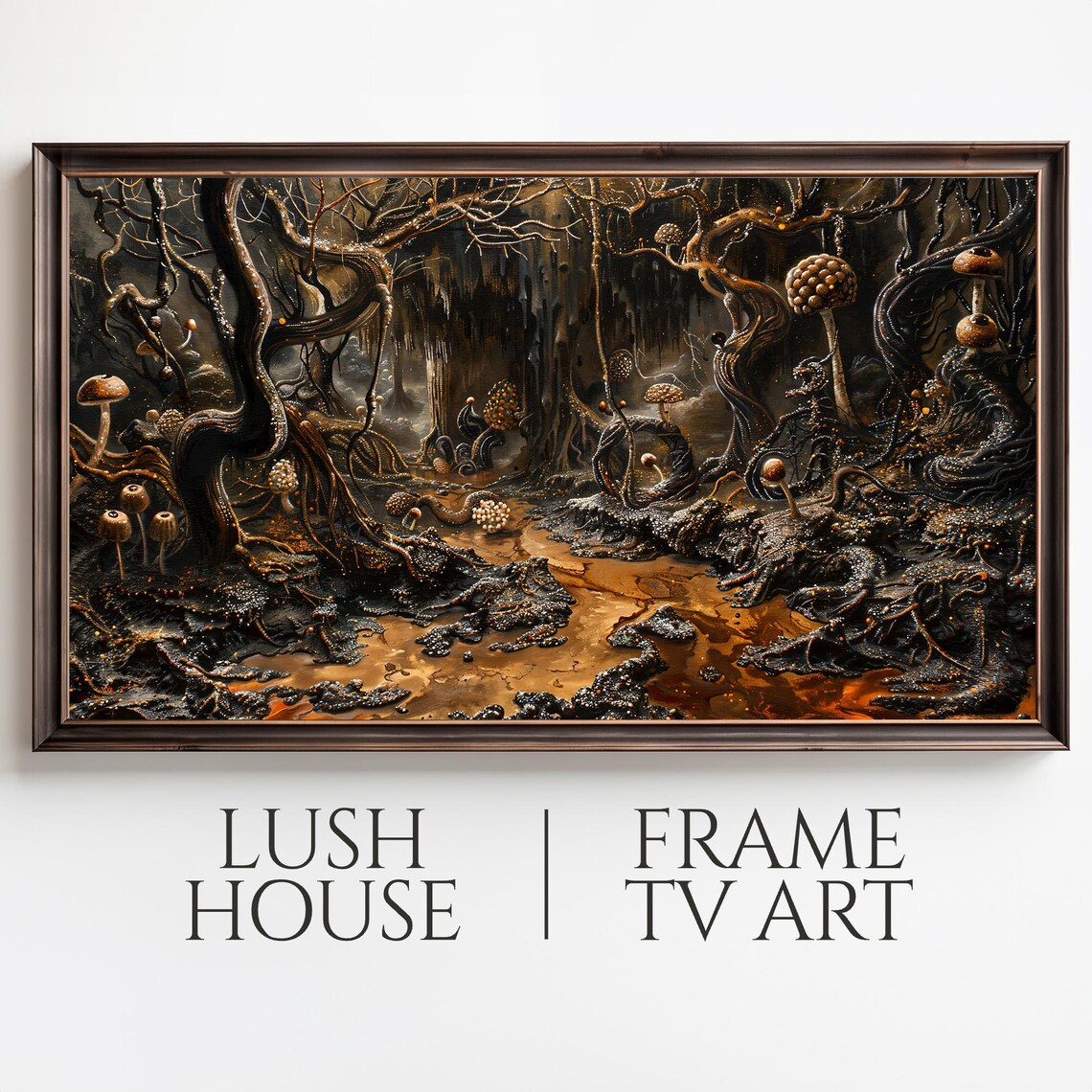 Halloween Horror Frame TV Art, Black Mushroom Haunted Forest Painting ...