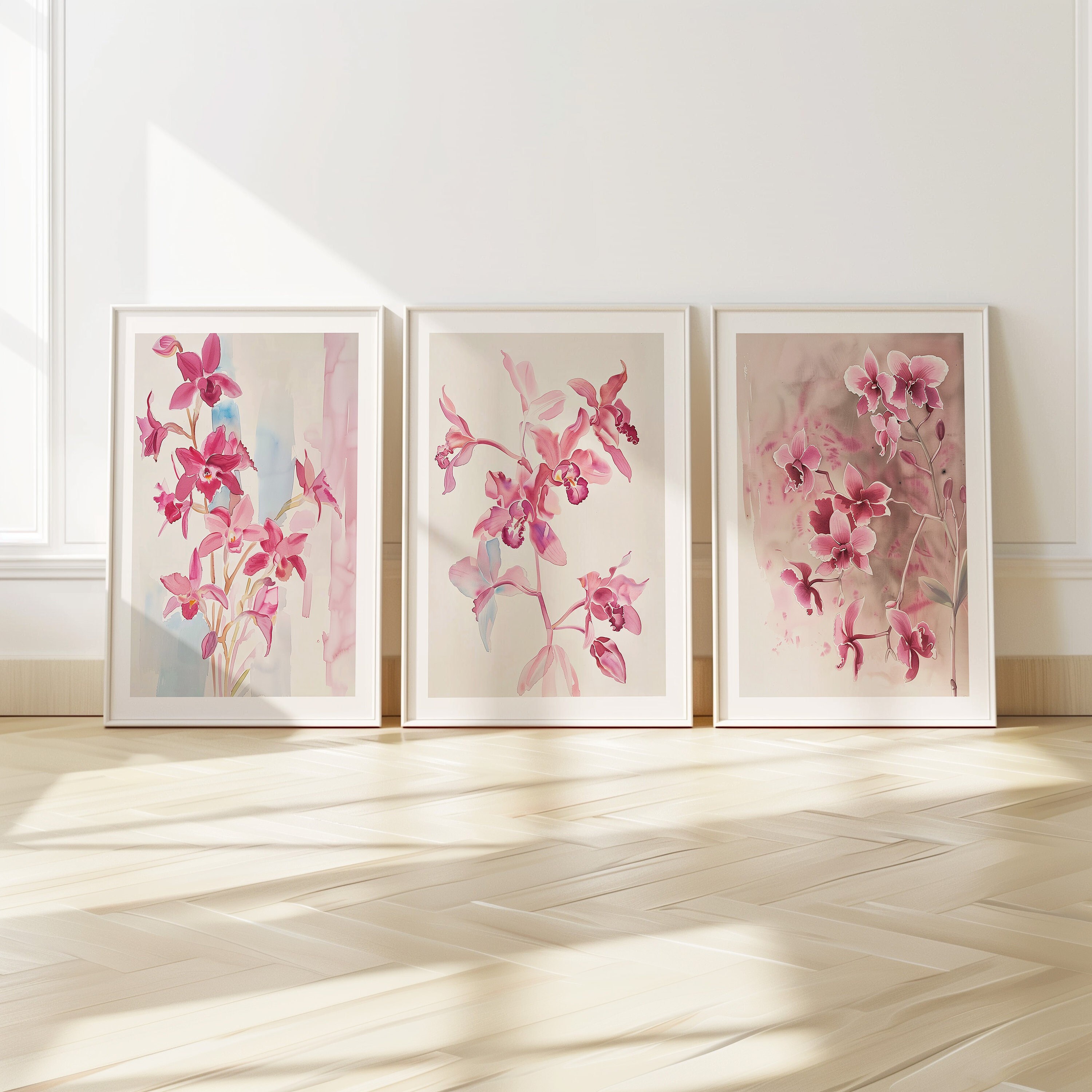 Antique Watercolor Pink Floral Painting Set of 3 Prints, Large Vintage ...