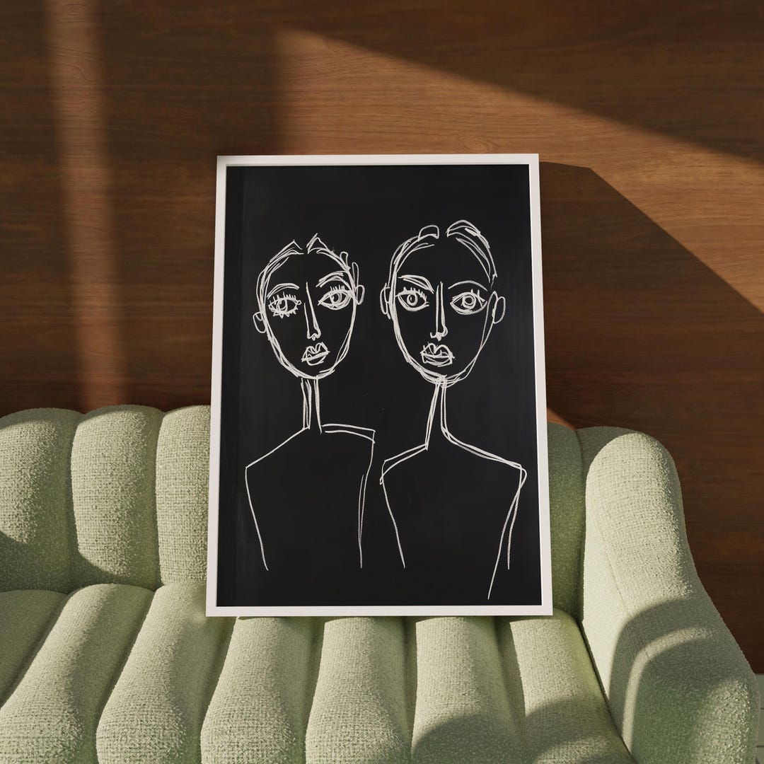 Monochromatic Line Art Portrait, Abstract Faces, Black and White Print ...