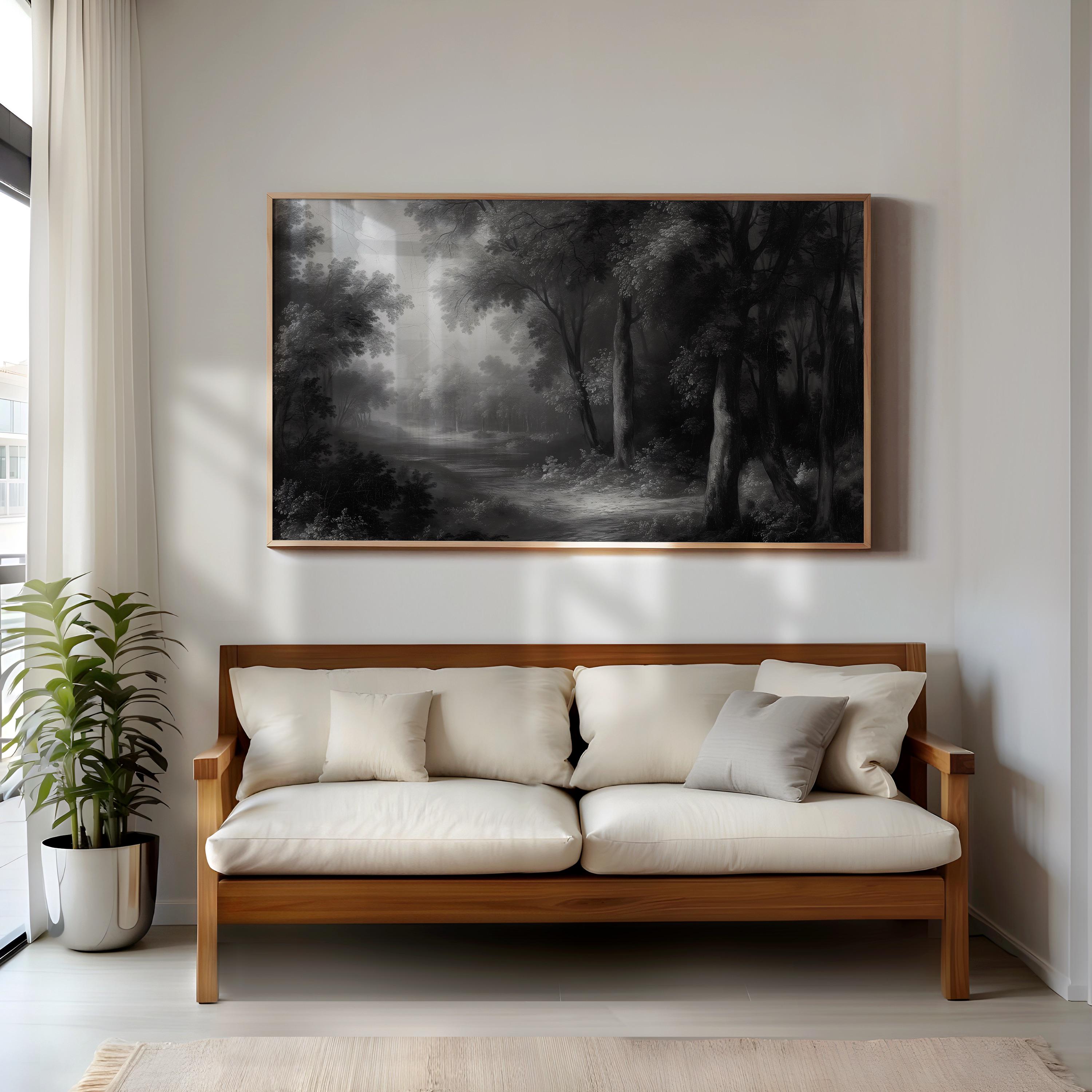 Vintage Monochromatic Forest Oil Painting Giclee Wall Art Print, Large ...