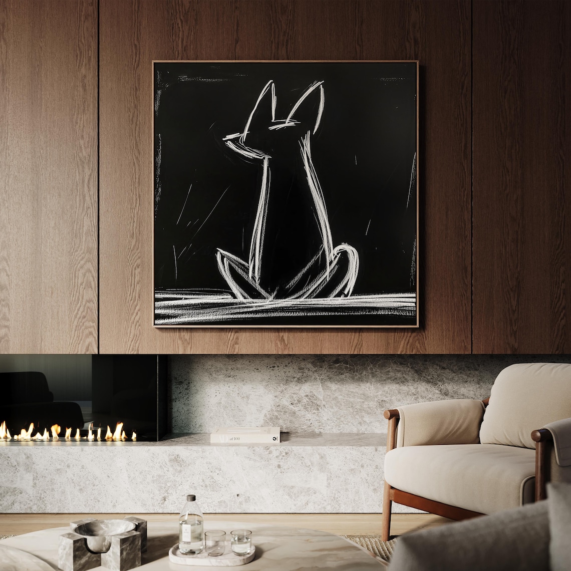 Vintage Abstract Dog Art, Monochromatic Charcoal Chalk Drawing, Modern ...