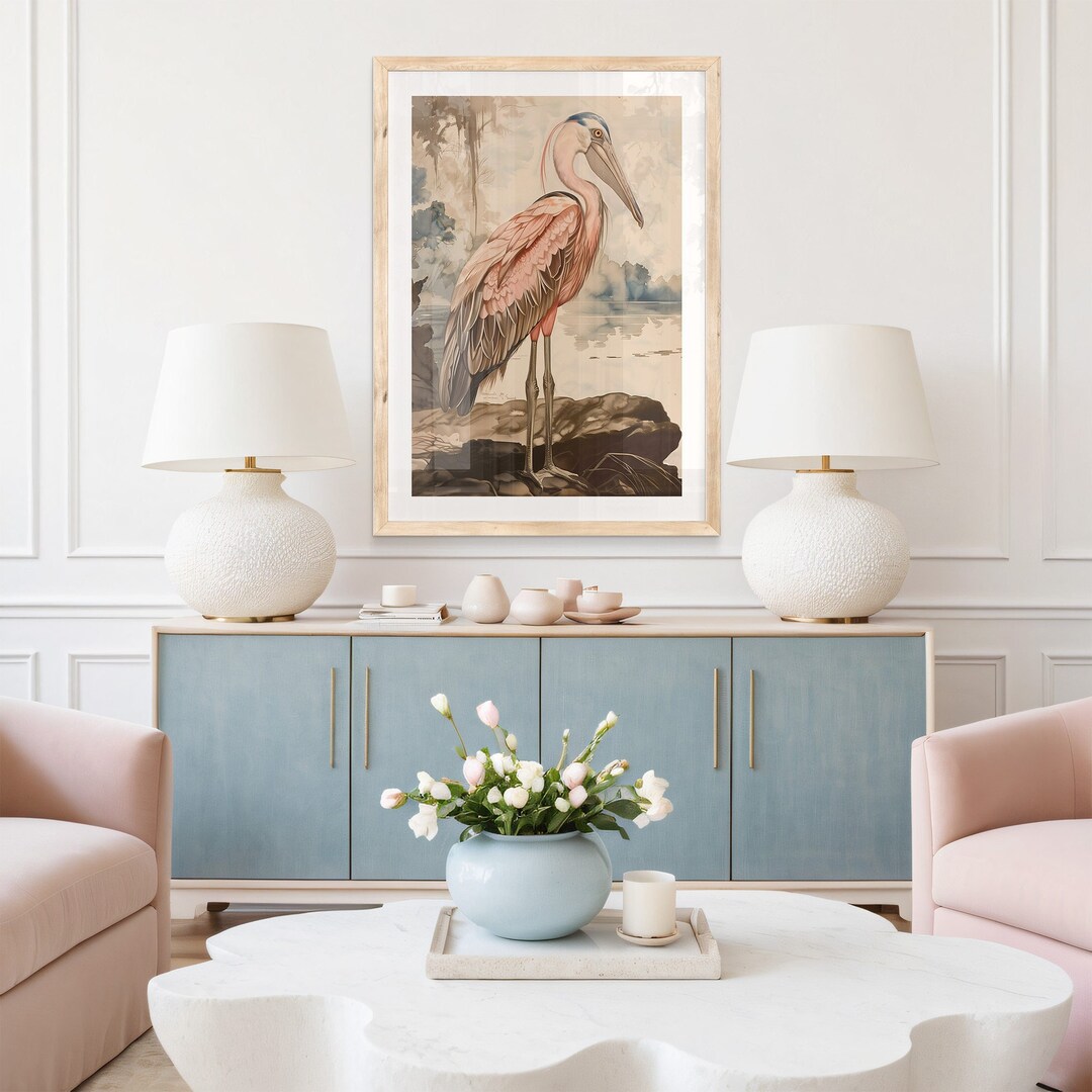 Vintage Heron Painting, Watercolor Pink Heron Wall Art (4 of 4), Mid ...