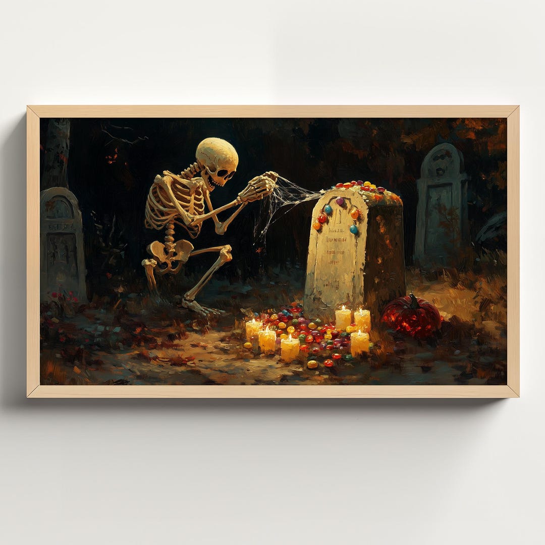 Halloween Frame TV Art, Skeleton Decorating Tombstone, Haunted Spooky ...