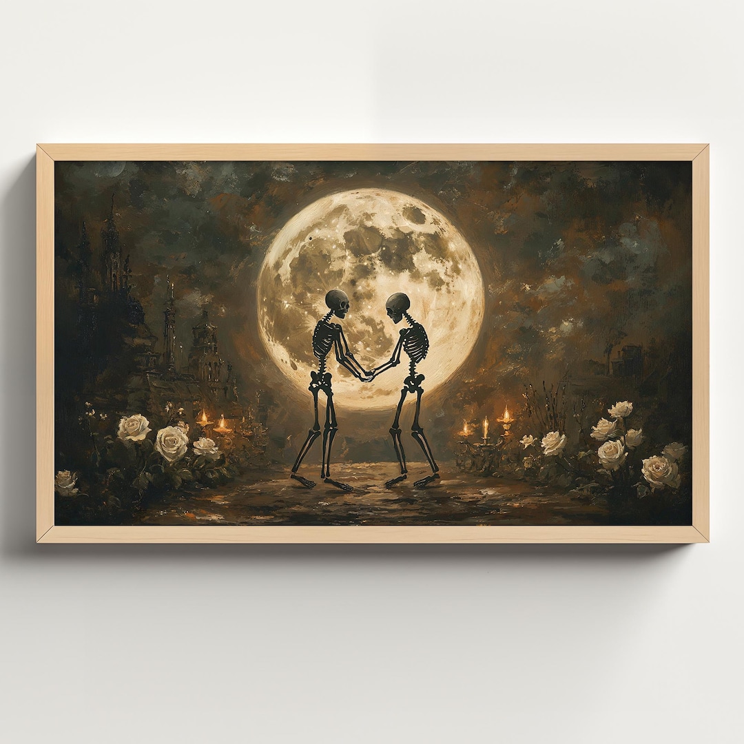 Halloween Frame TV Art, Vintage Skeleton Couple Under Full Moon, Dark ...