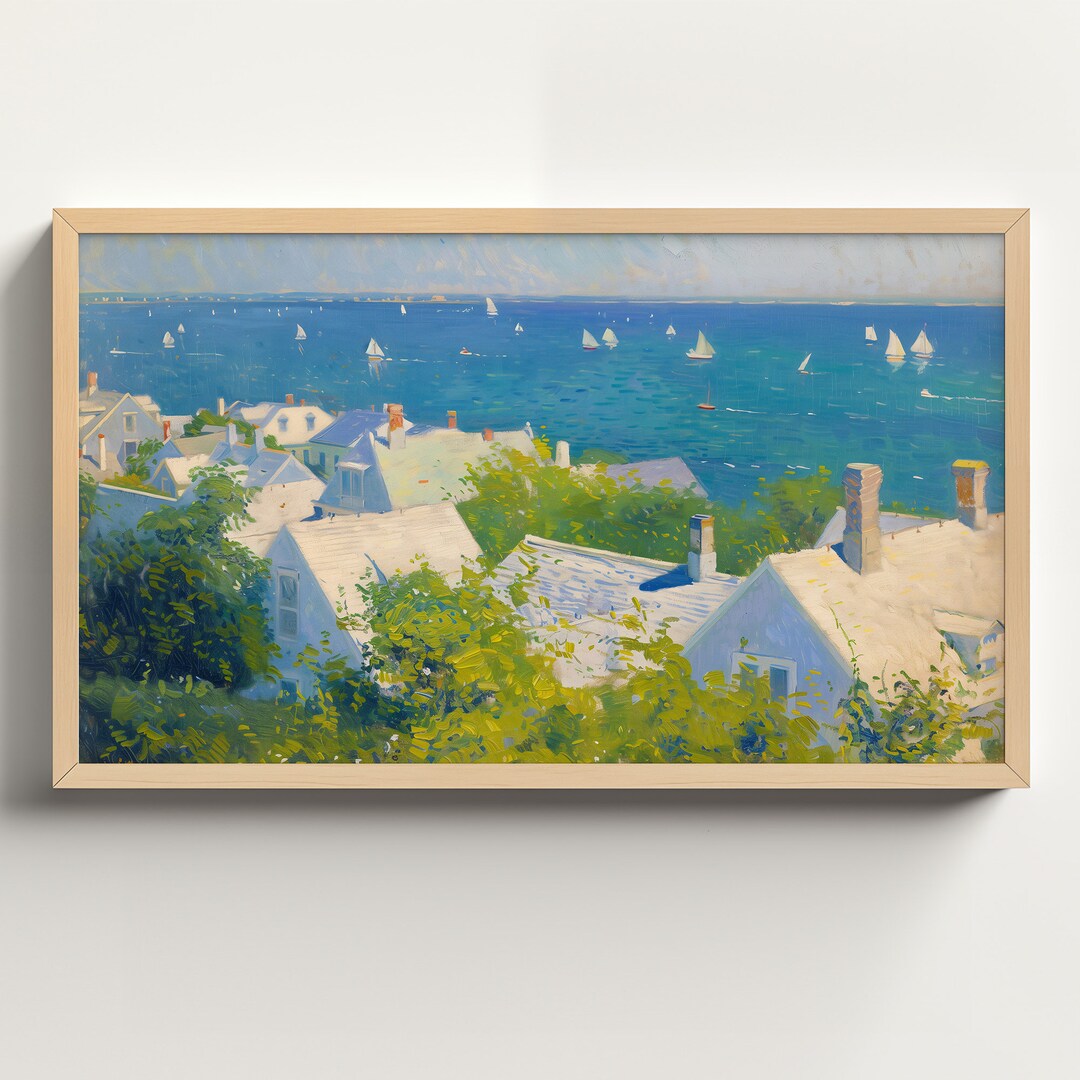 Vintage Summer Coastal View, Abstract Samsung Frame TV Art, Beach Oil ...
