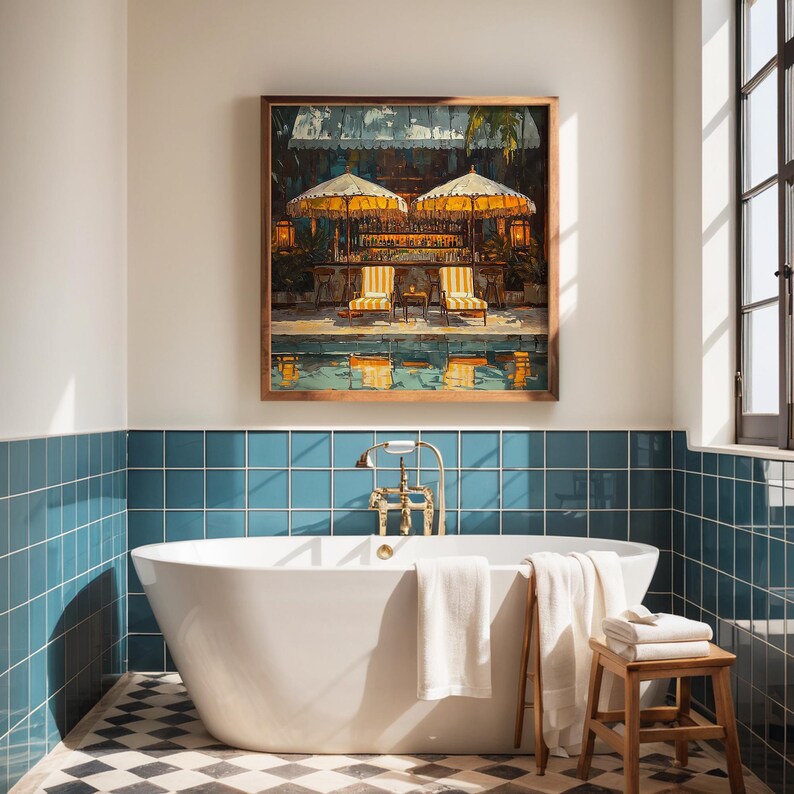 Poolside Bar Oil Painting Large Square Art Print, Luxurious Nightlife ...