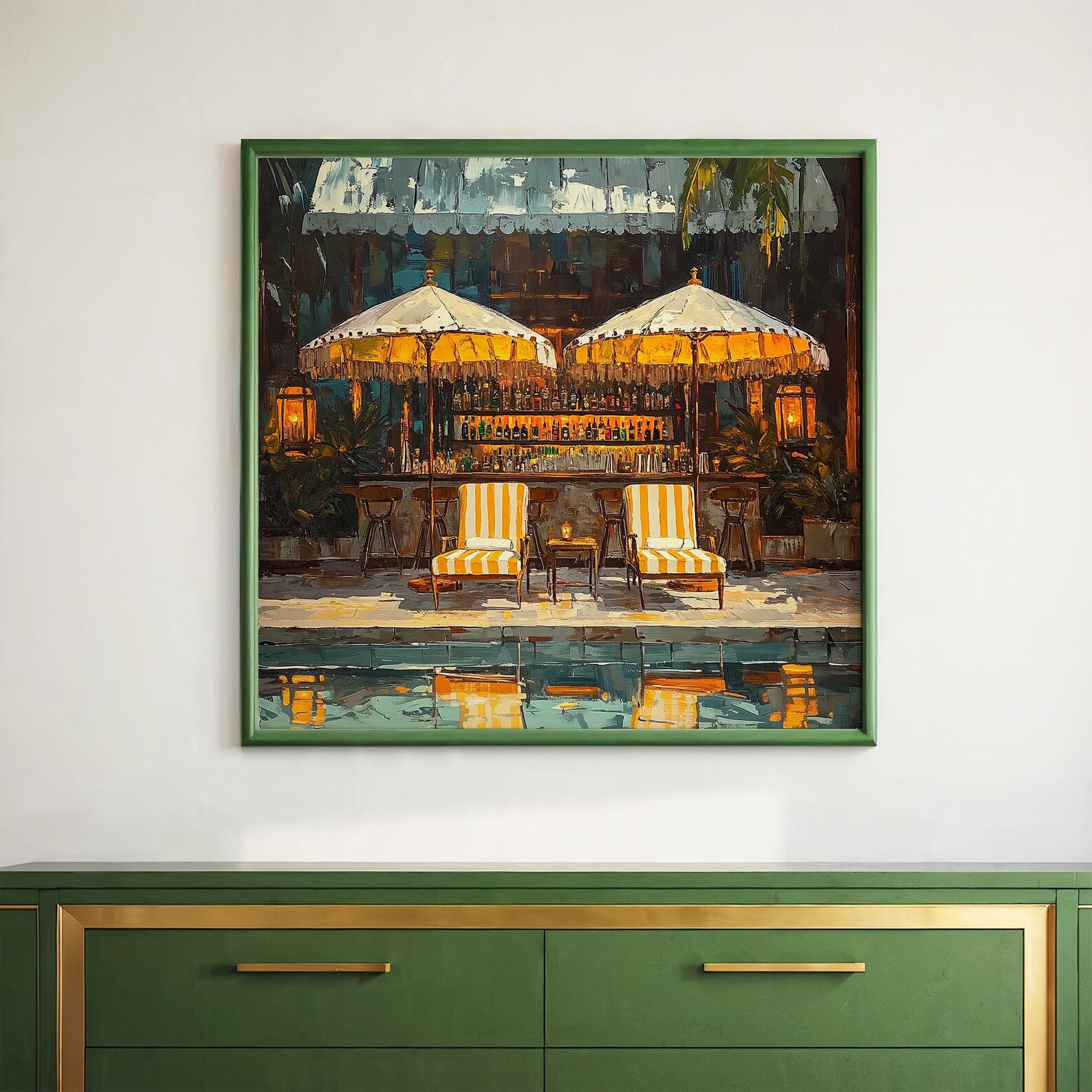 Poolside Bar Oil Painting Large Square Art Print, Luxurious Nightlife ...