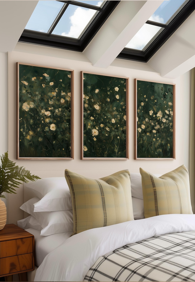 Dark Green Botanical Prints Set of 3, Abstract Floral Spring Art, Large ...