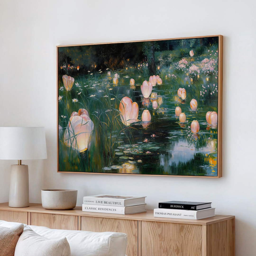 Paper Lanterns Garden Landscape Oil Painting, Vintage Summer Reflection ...