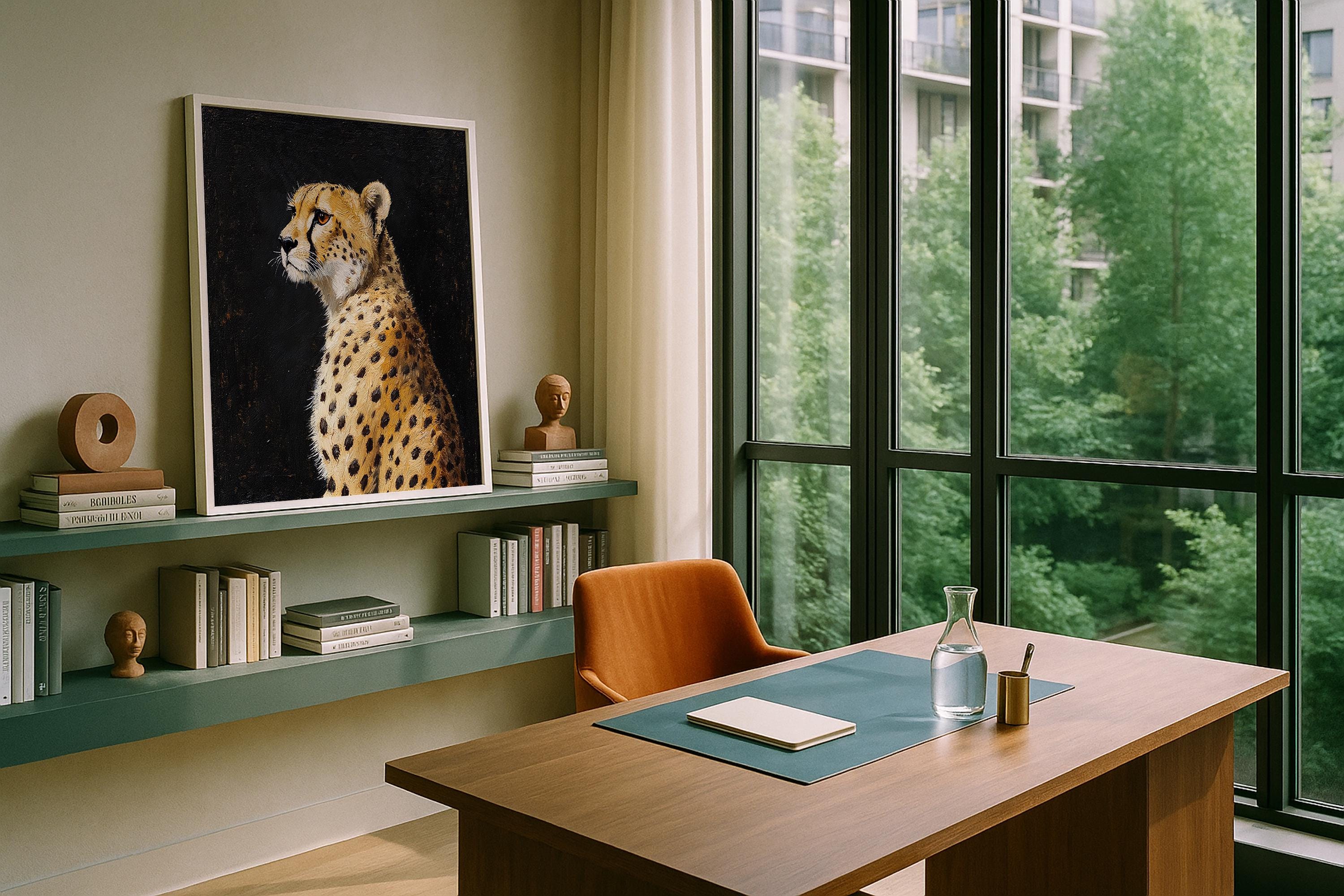 Antique Cheetah Portrait Oil Painting, Minimalist Wildlife Wall Art ...