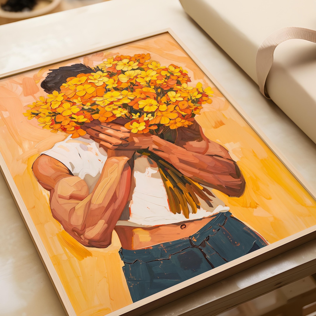 Muscular Man Holding Flowers, Abstract Male Portrait Painting ...