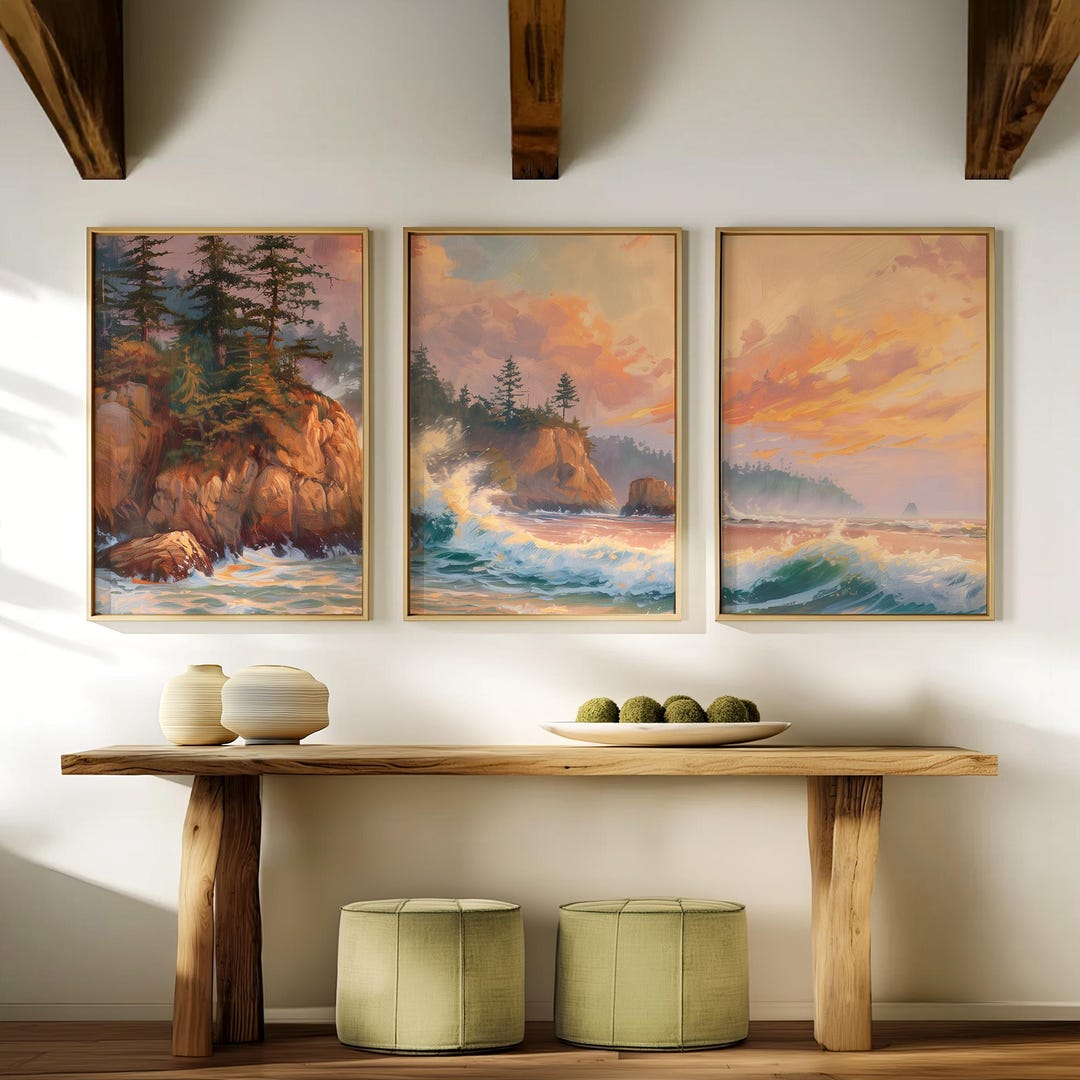 PNW Landscape Painting, Oregon Coast Ocean Prints Set of 3, Coastal ...
