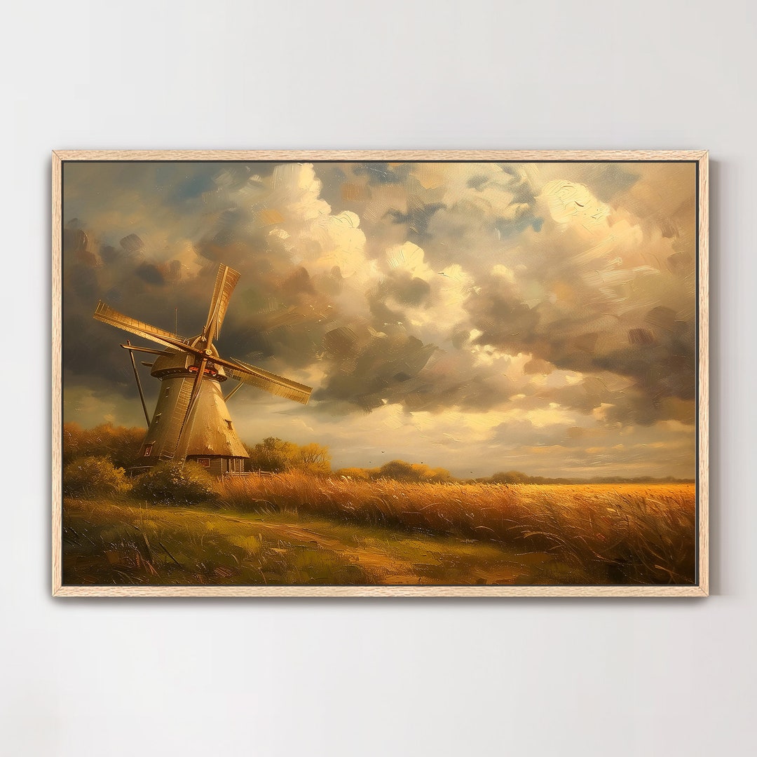 Vintage Windmill Oil Painting Framed Canvas Wall Art Print Large Art ...