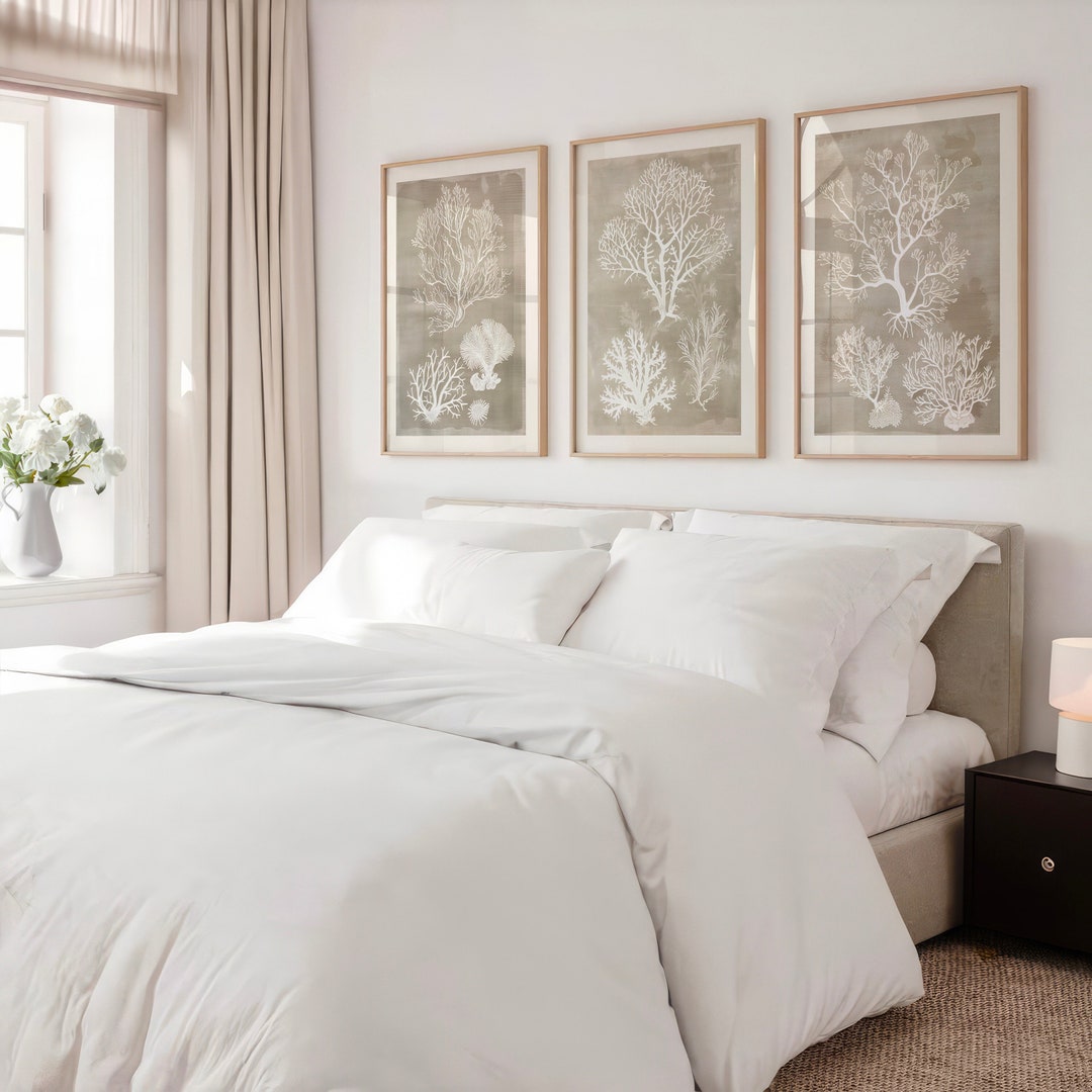 Coral 3 Piece Wall Art Set of Three Prints, Vintage Tropical Coastal ...