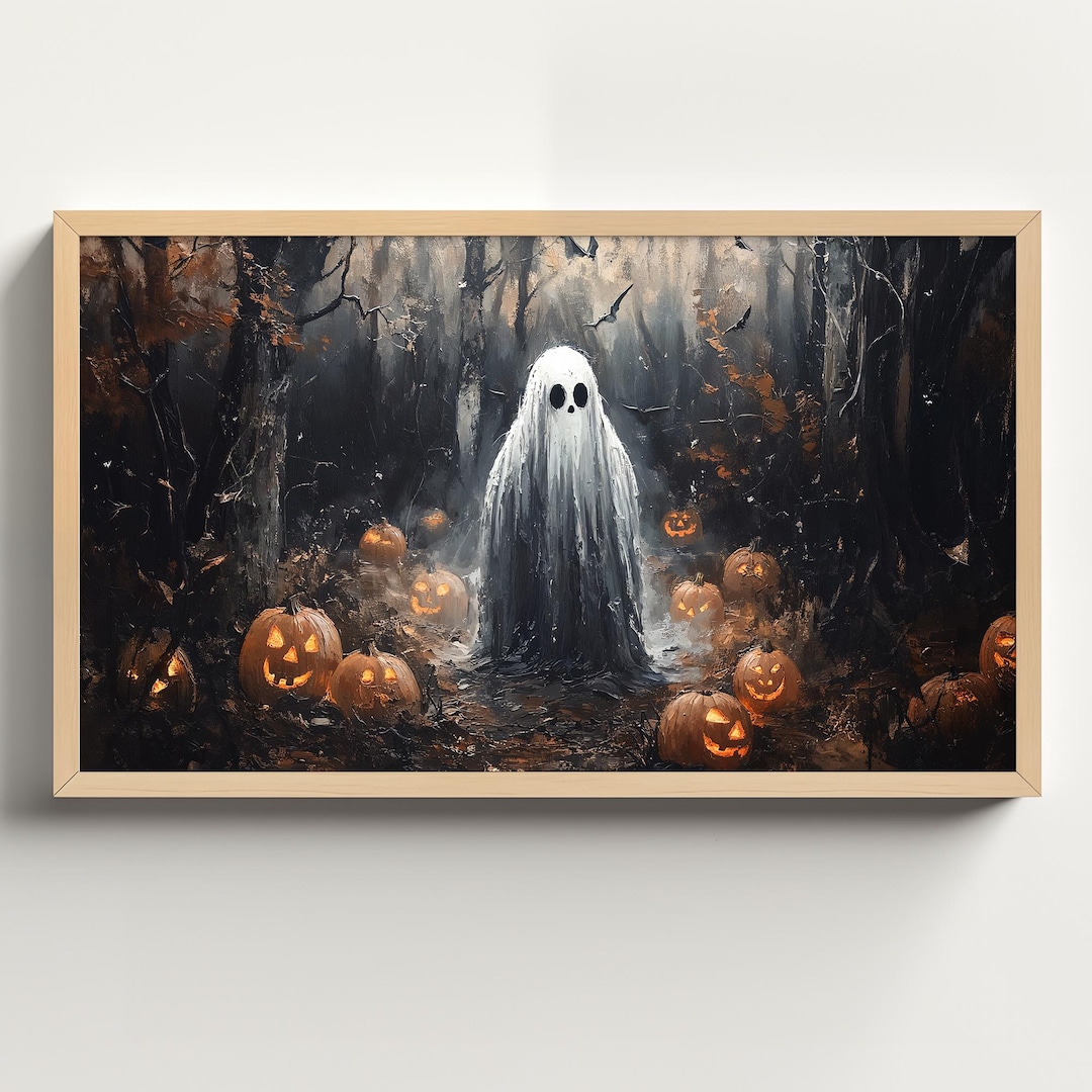 Ghost in Haunted Forest Halloween Frame TV Art, Spooky Dark Woods Oil ...