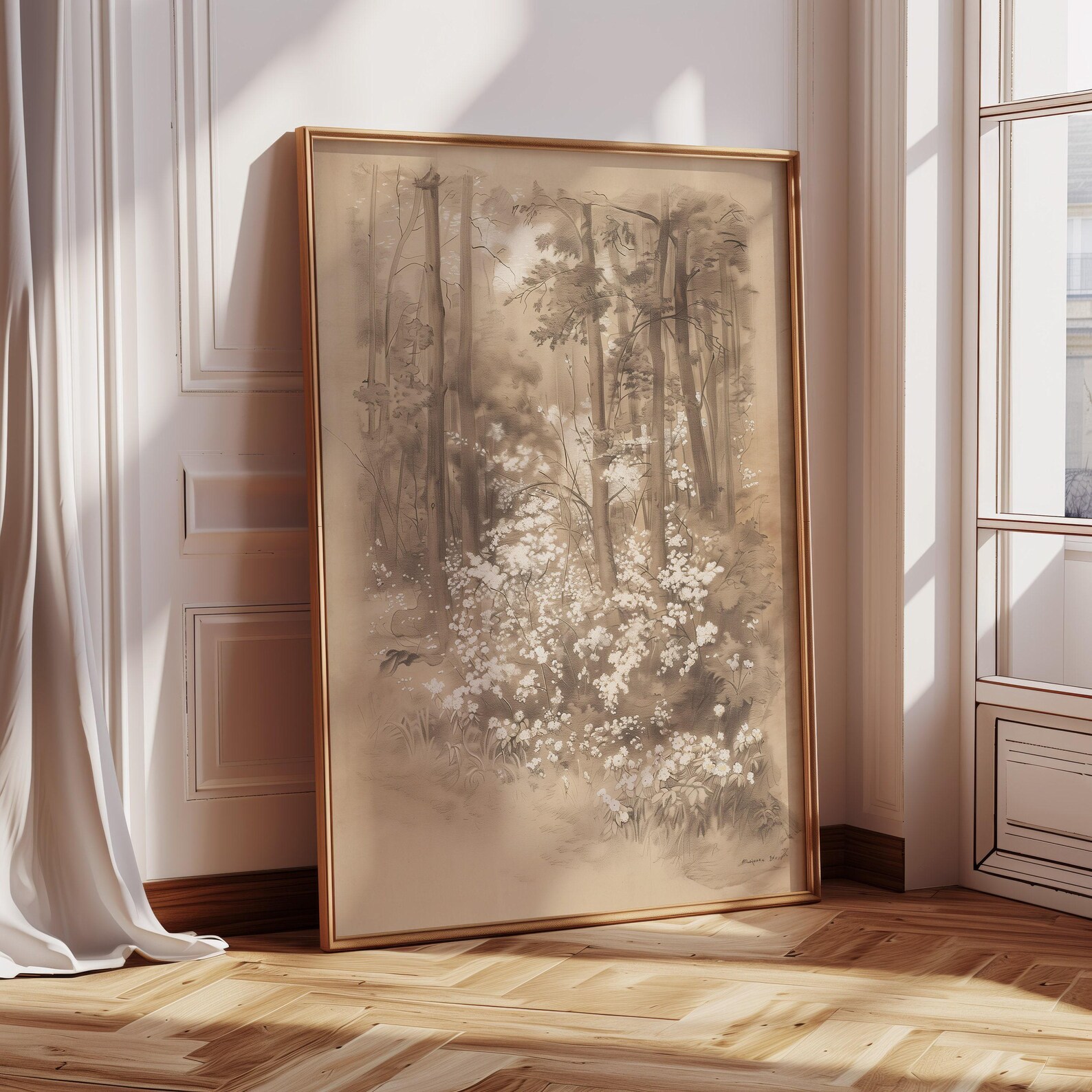 Vintage Neutral Landscape Sketch 2 of 2, Antique Forest Drawing ...