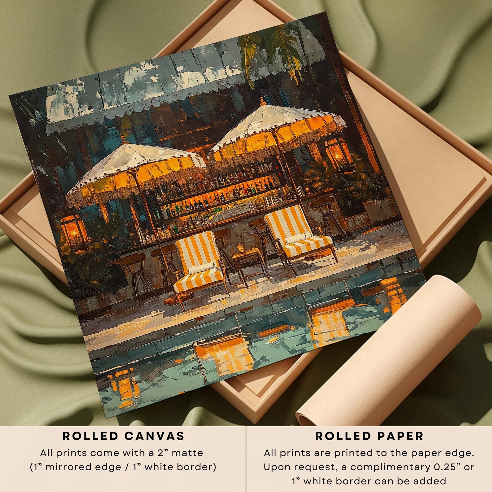 Poolside Bar Oil Painting Large Square Art Print, Luxurious Nightlife ...