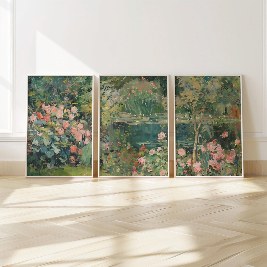 Garden Pond Oil Painting Print, Traditional Art Set of 3, Vintage ...